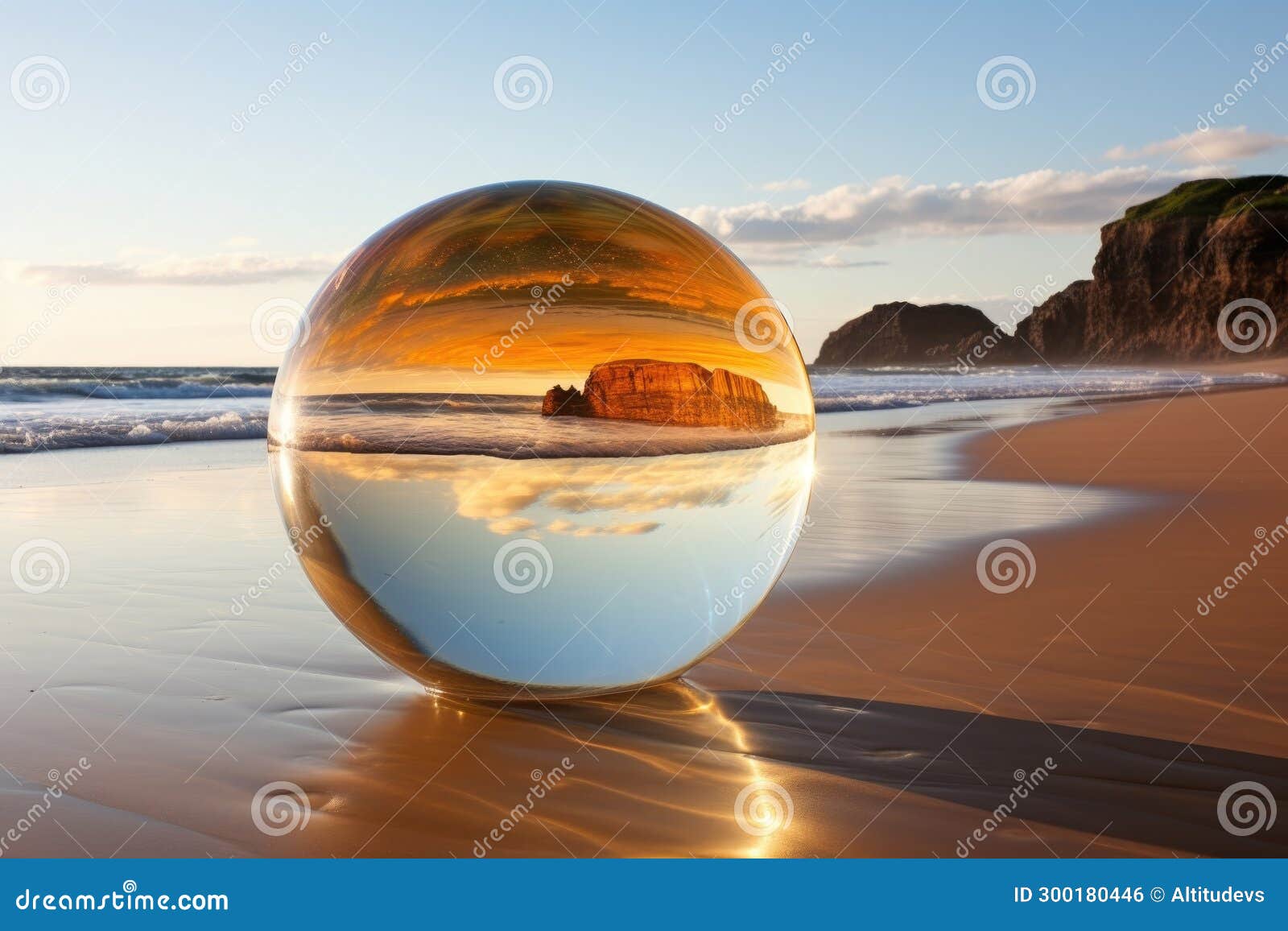 A Sandy Beach with Waves Mirrored in a Hovering Soap Bubble Stock Photo ...