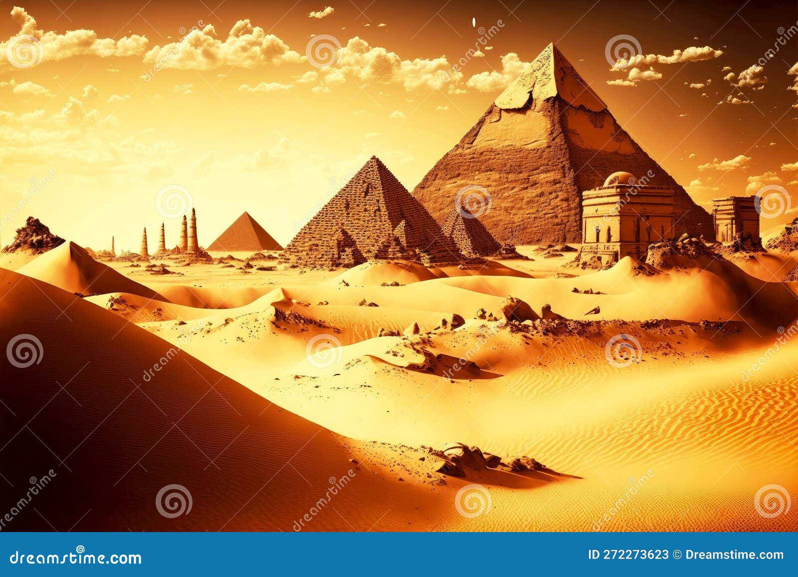 Sandy Desert with Historical Monuments and Egyptian Pyramids of Pharaoh ...