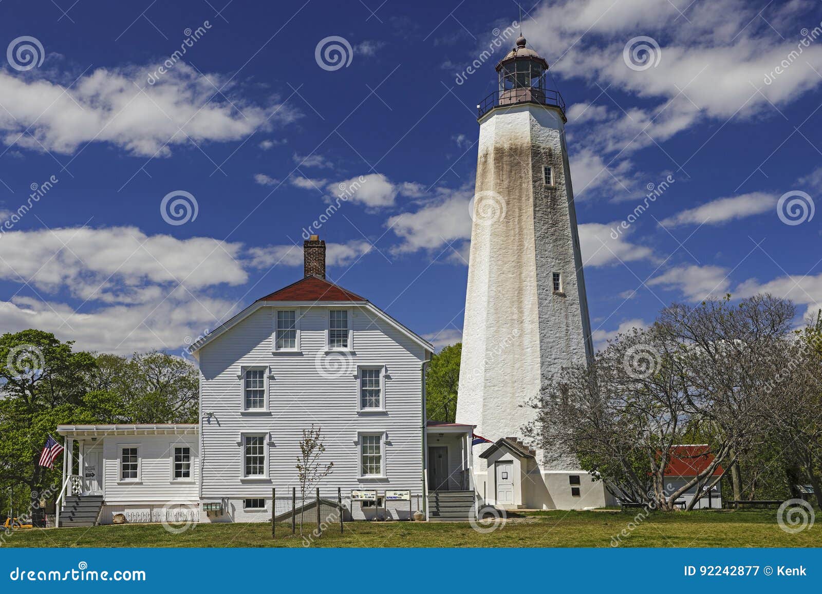 Sandy Hook Lighthouse with Visitor`s Center Stock Image - Image of ...