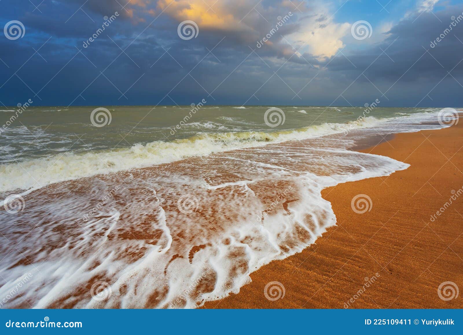 Sandy Sea Beach Under Dramatic Sky Stock Image - Image of dark, foam ...