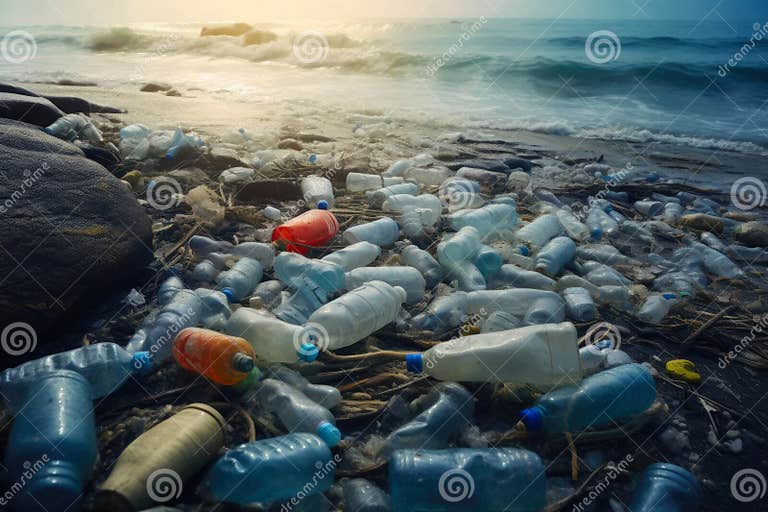 Sandy Shoreline Pollution: Plastic Waste Spread. Stock Illustration ...