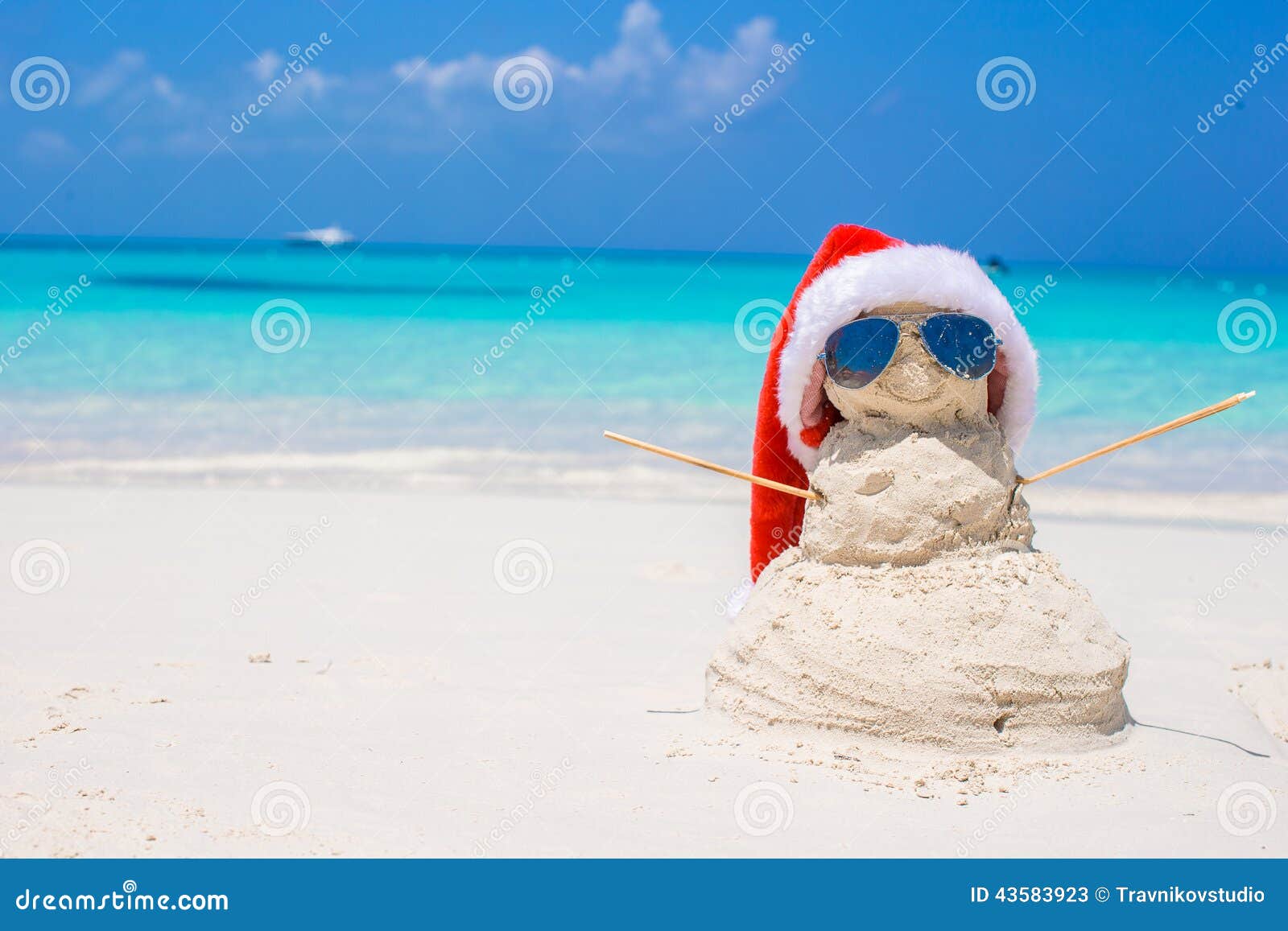Sandy Snowman with Red Santa Hat on White Stock Image - Image of summer ...