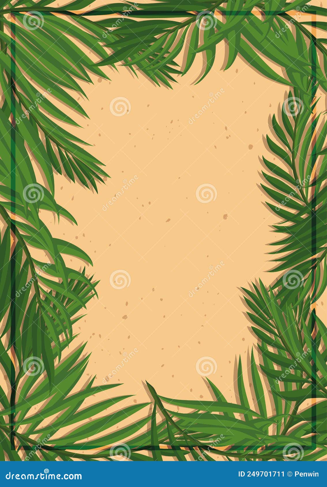 Sandy Template with Frame and Palm Leaves, Vector Illustration Stock ...