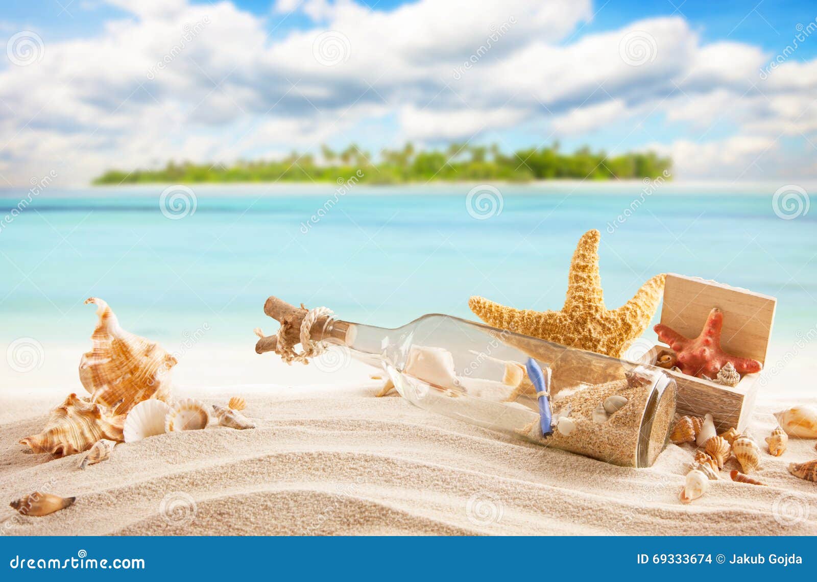 Sandy Tropical Beach with Island on Background Stock Photo - Image of ...