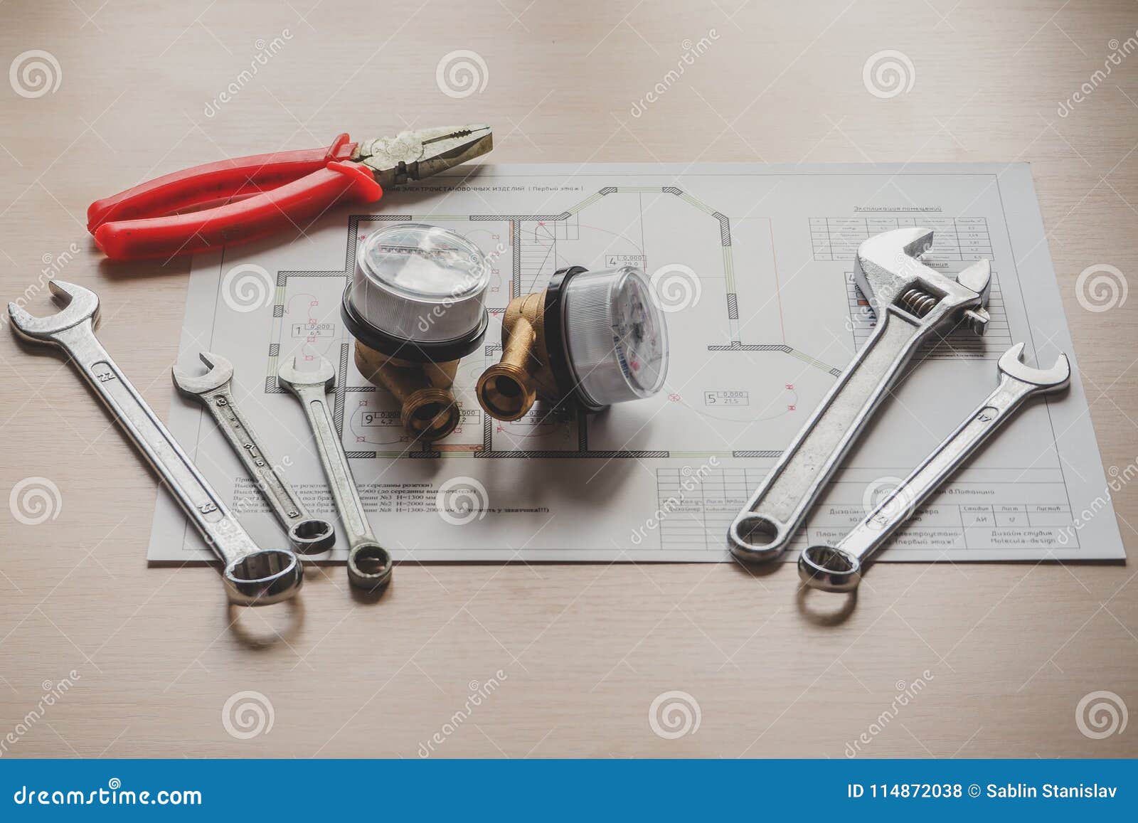 Sanitary Engineering. Water Meters and Tools for Plumbing. Stock Photo ...