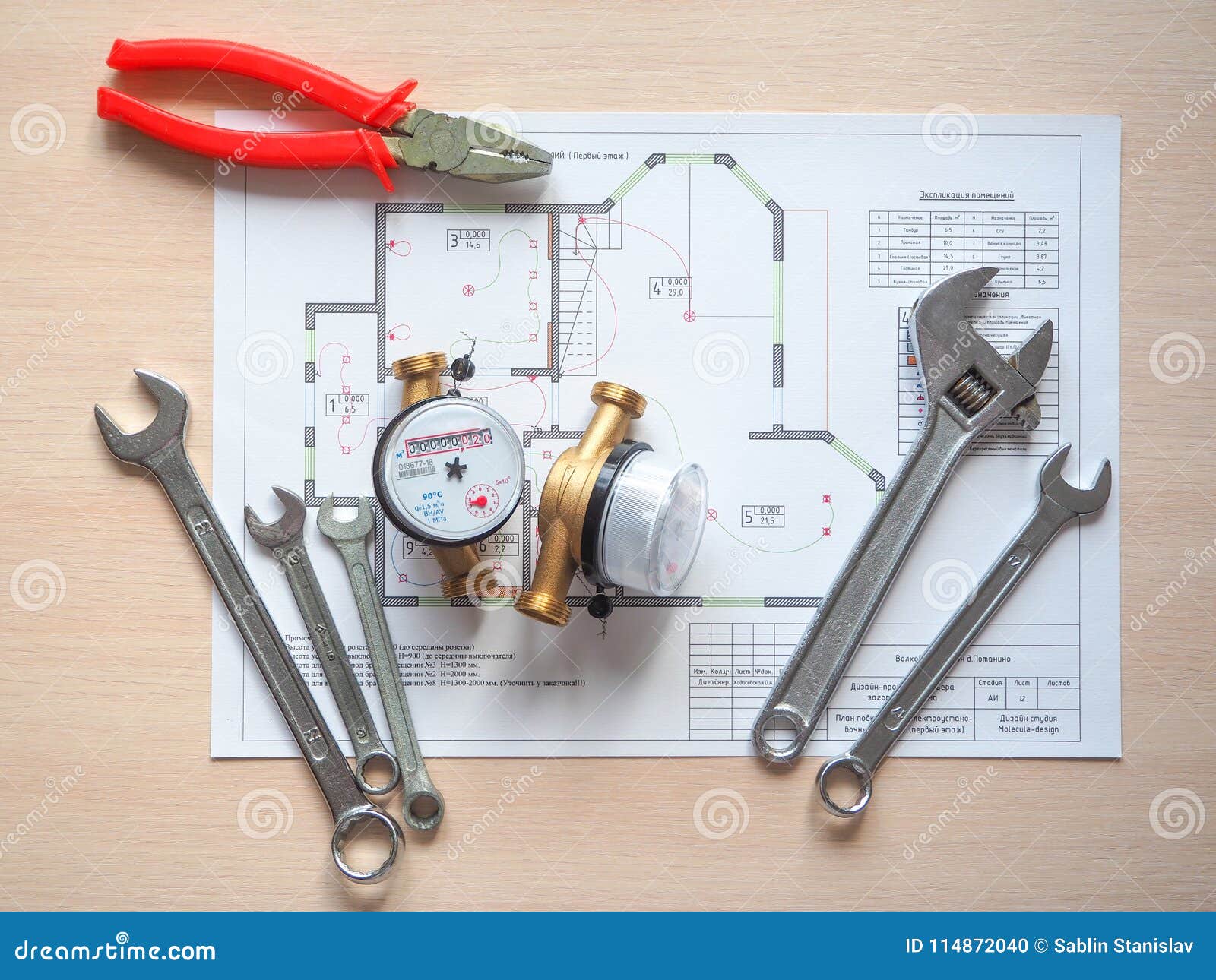 Sanitary Engineering. Water Meters and Tools for Plumbing. Stock Photo ...
