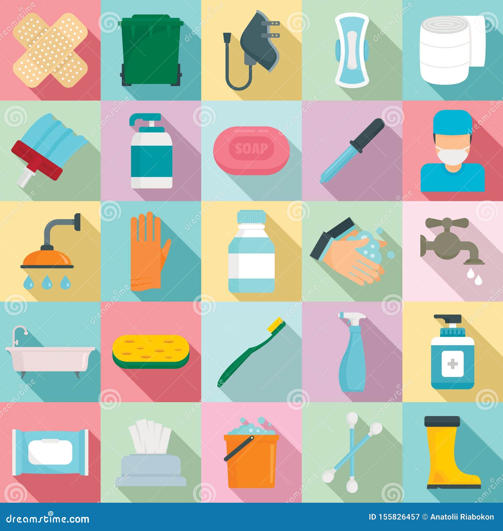 Sanitation Icons Set, Flat Style Stock Vector - Illustration of floor ...