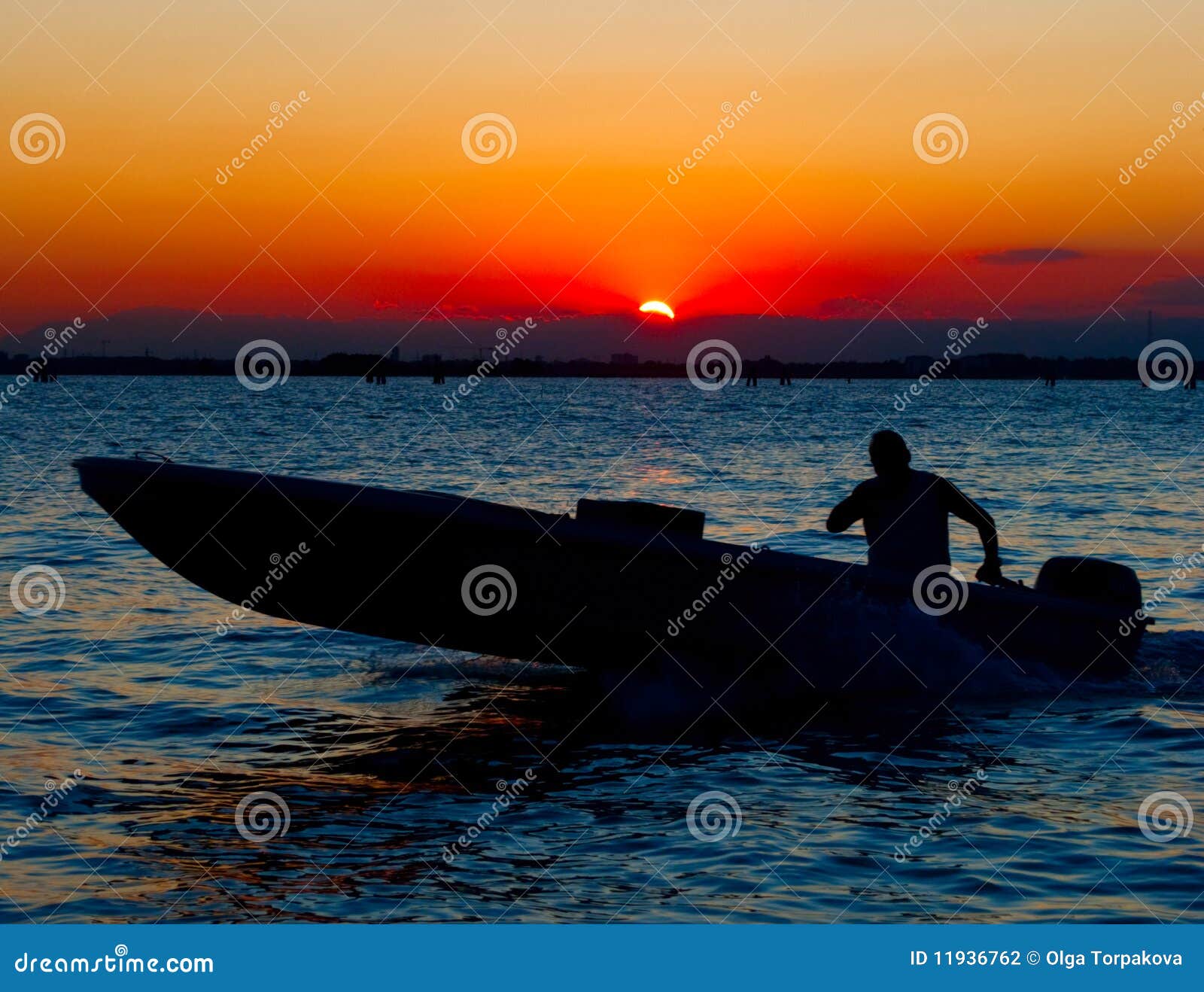 Sanset in Venice. Motor Boat and Human Silhouette Stock Photo - Image ...