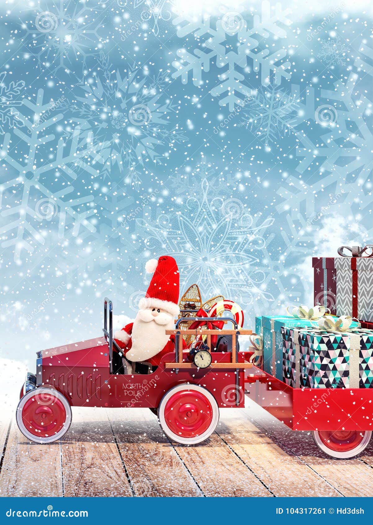 Santa Arriving from Sky with Car Full of Christmas Presents Stock ...