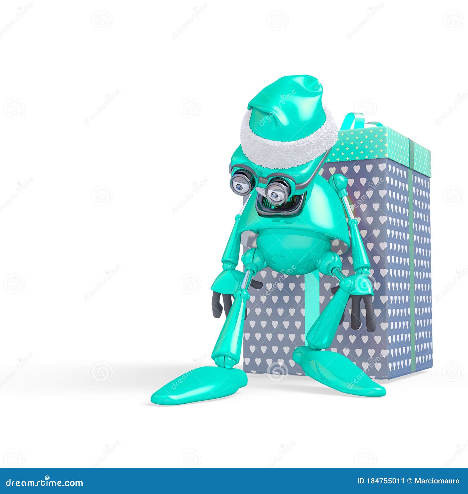 Santa Bot Leaning on the Gift Box in White Background Front View Stock ...