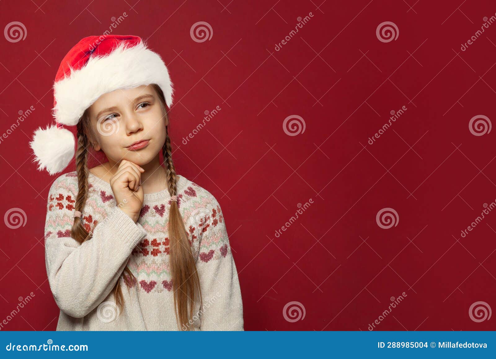 Santa Child Girl Thinking on Red Background Stock Photo - Image of xmas ...