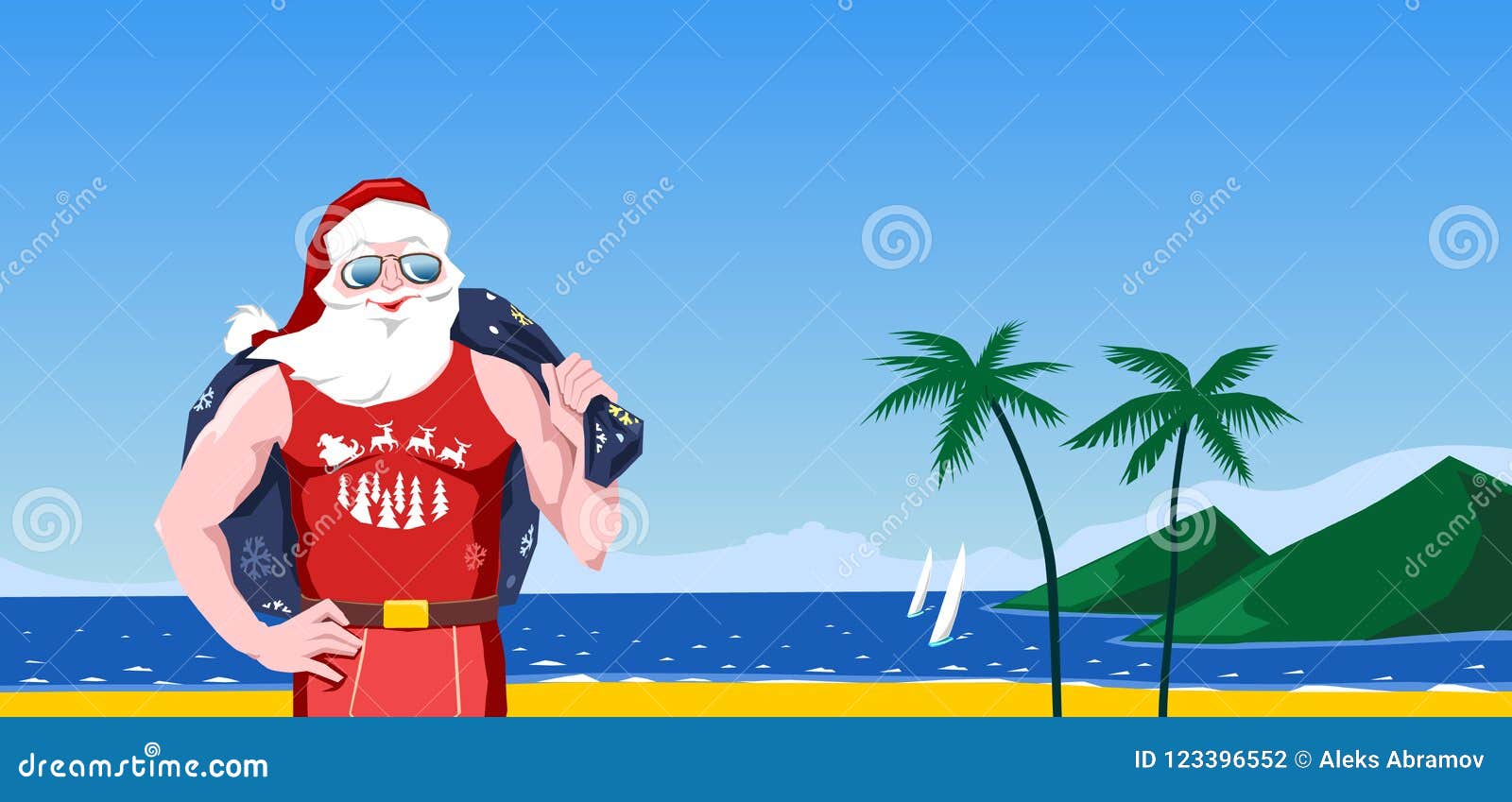 Santa Claus Auf Einem Tropischen Strand Vektor Abbildung - Illustration ...