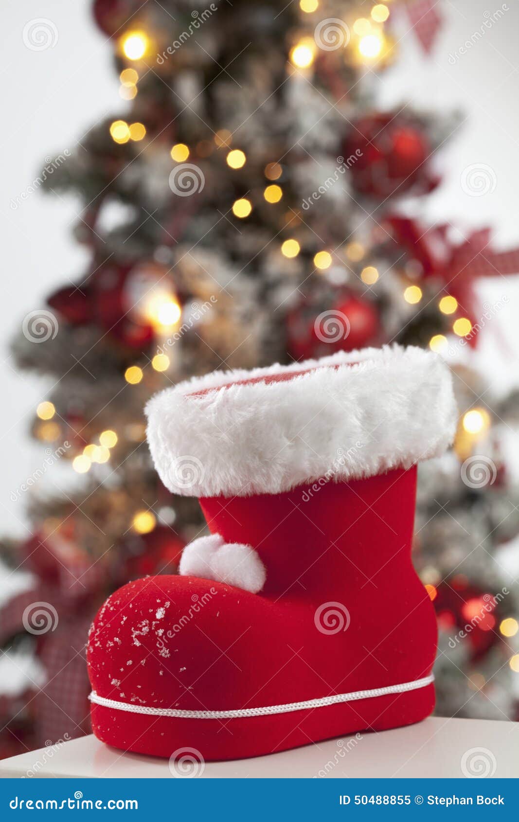 Santa Claus Boot Close Up Christmas Tree in Background Stock Image ...