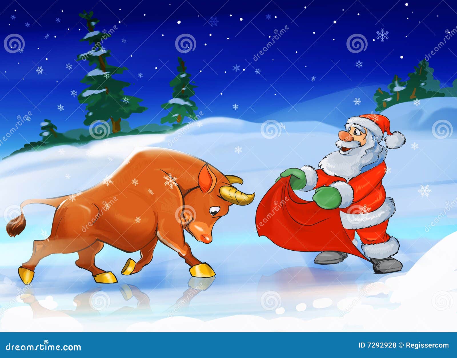 Santa Claus with a bull stock illustration. Illustration of card - 7292928