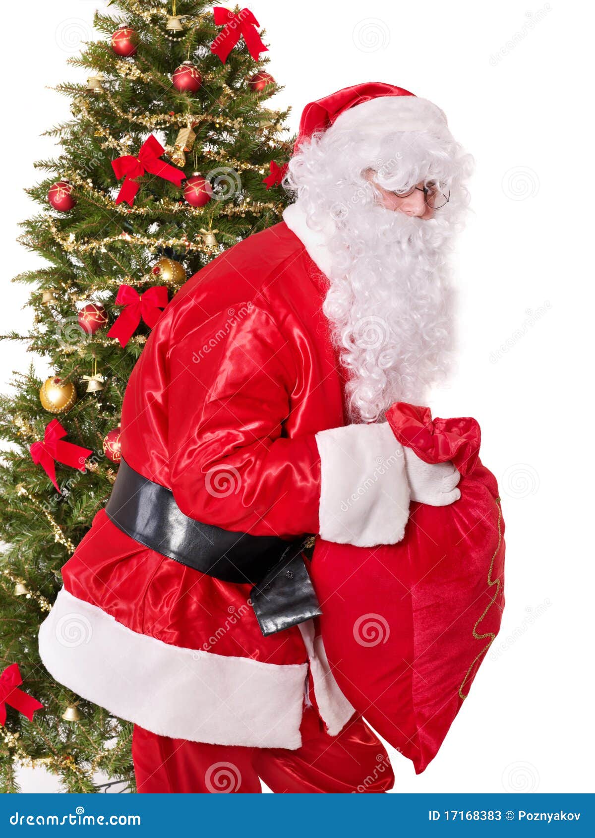 Santa Claus Carrying Sack by Christmas Tree. Stock Image - Image of ...