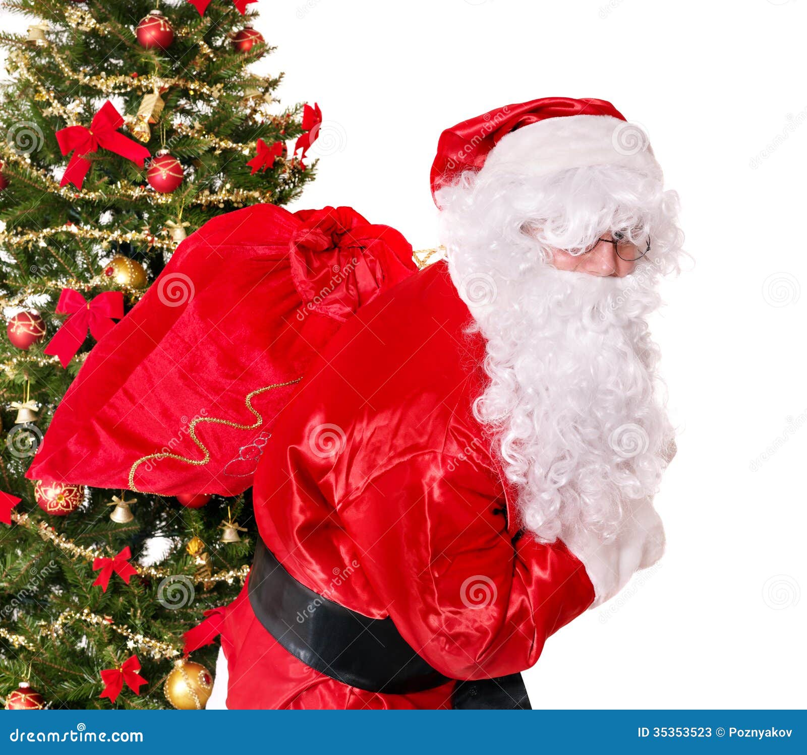 Santa Claus Carrying Sack by Christmas Tree. Stock Image - Image of ...