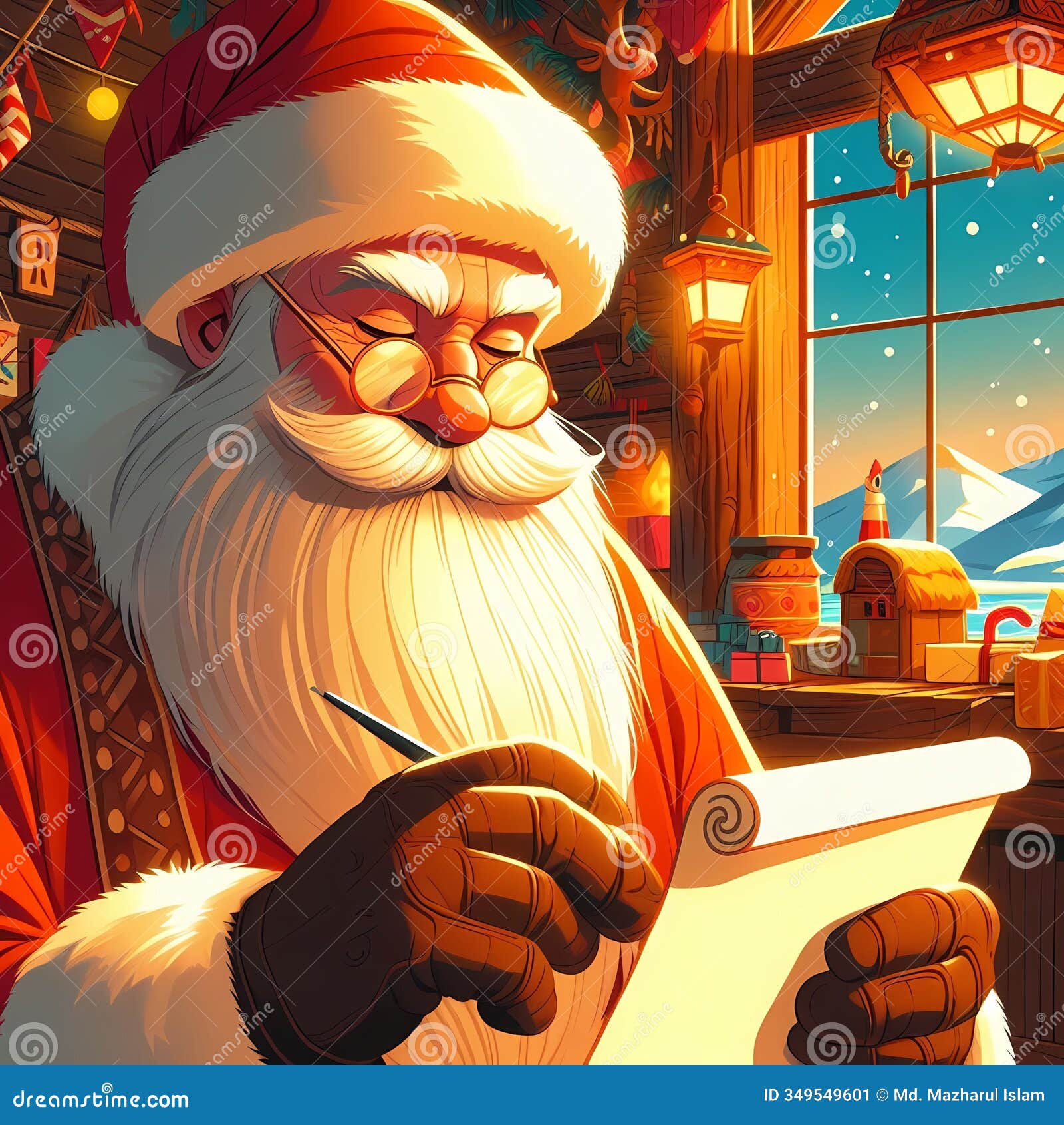 Santa Claus Checking His List in a Warm Cabin. Stock Illustration ...