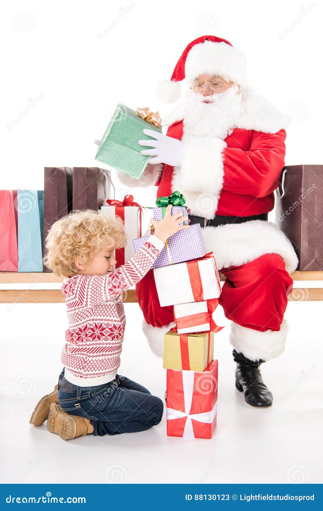 Santa Claus with Child and Gift Boxes Stock Image - Image of santa ...