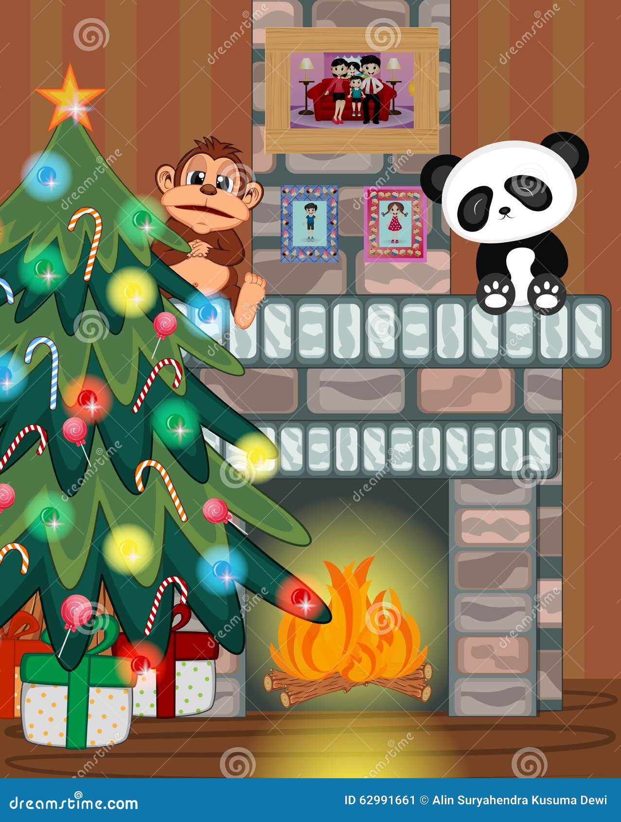 Santa Claus with Christmas Tree and Fire Place Vector Illustration ...