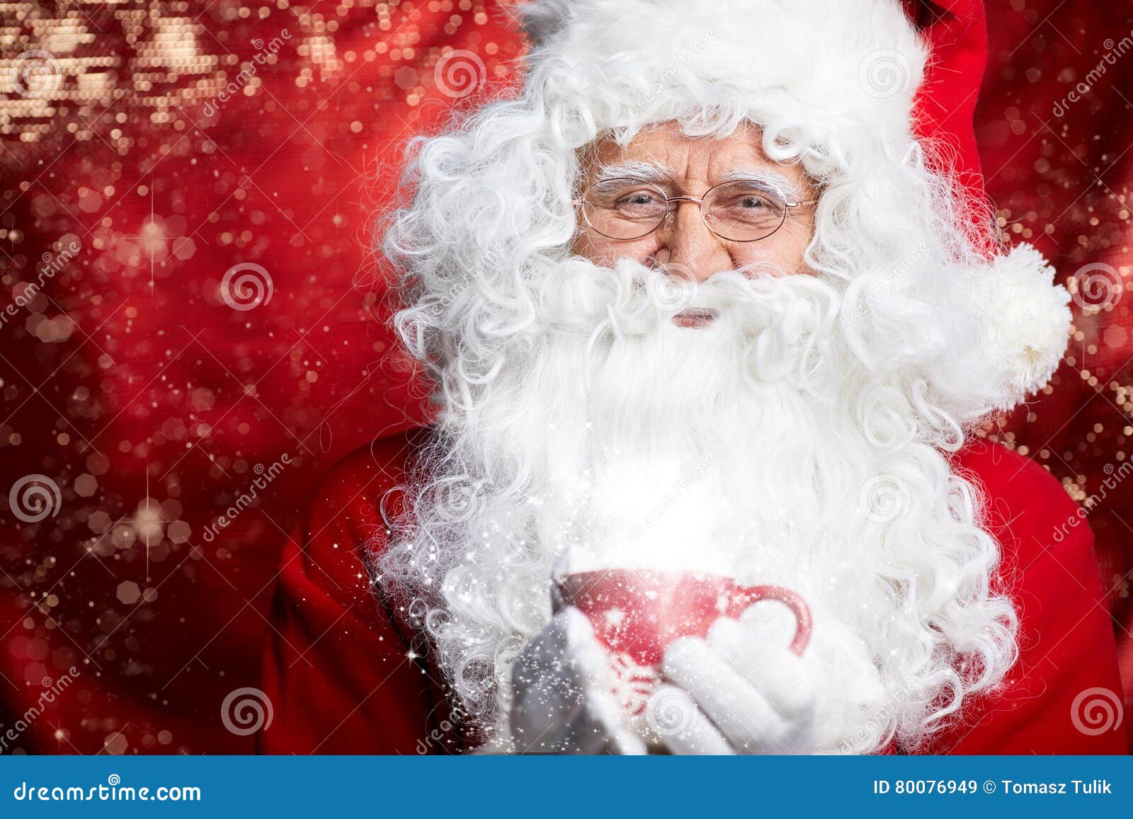 Santa Claus Drinking Tea Closeup Portrait Isolated on Red Stock Image ...