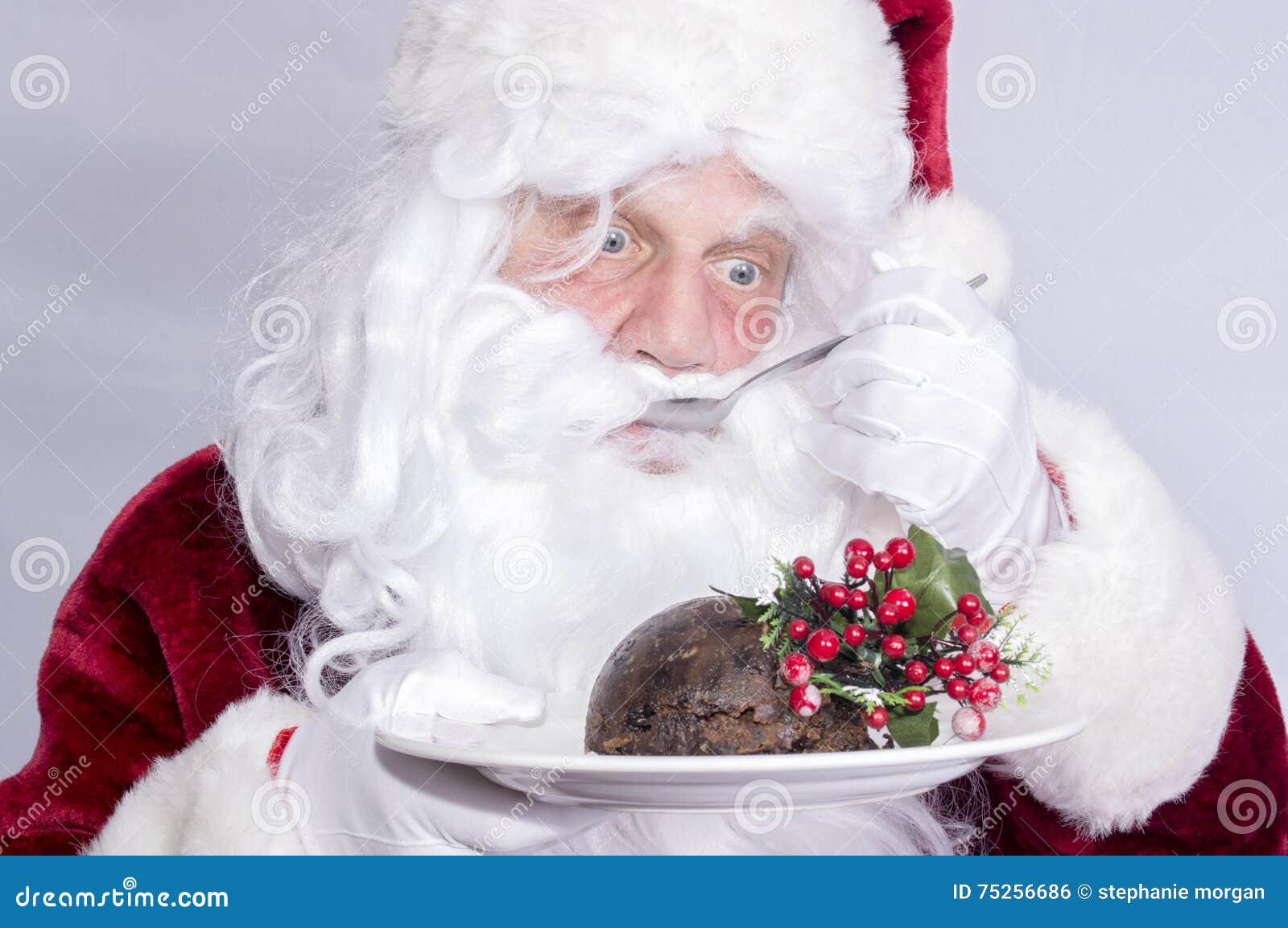 Santa Claus Eating a Christmas Pudding. Stock Photo - Image of mature ...