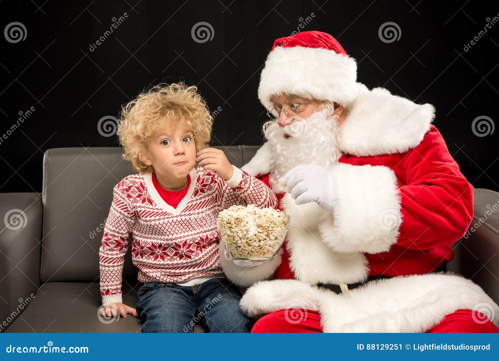 Santa Claus Eating Popcorn with Kid Stock Image - Image of xmas ...