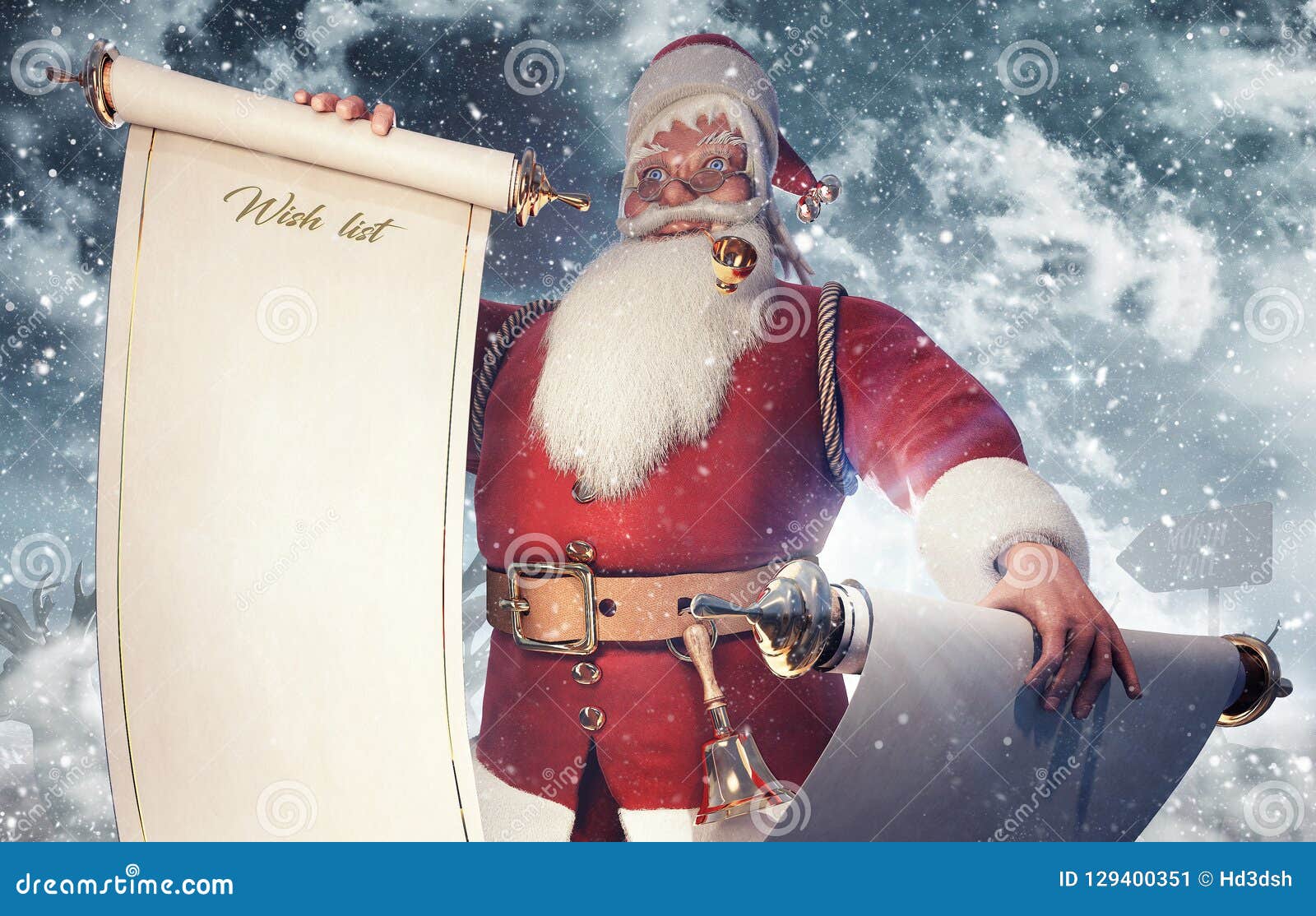 Santa Claus with Empty Wish List Scroll, Mock Up Christmas Background ...