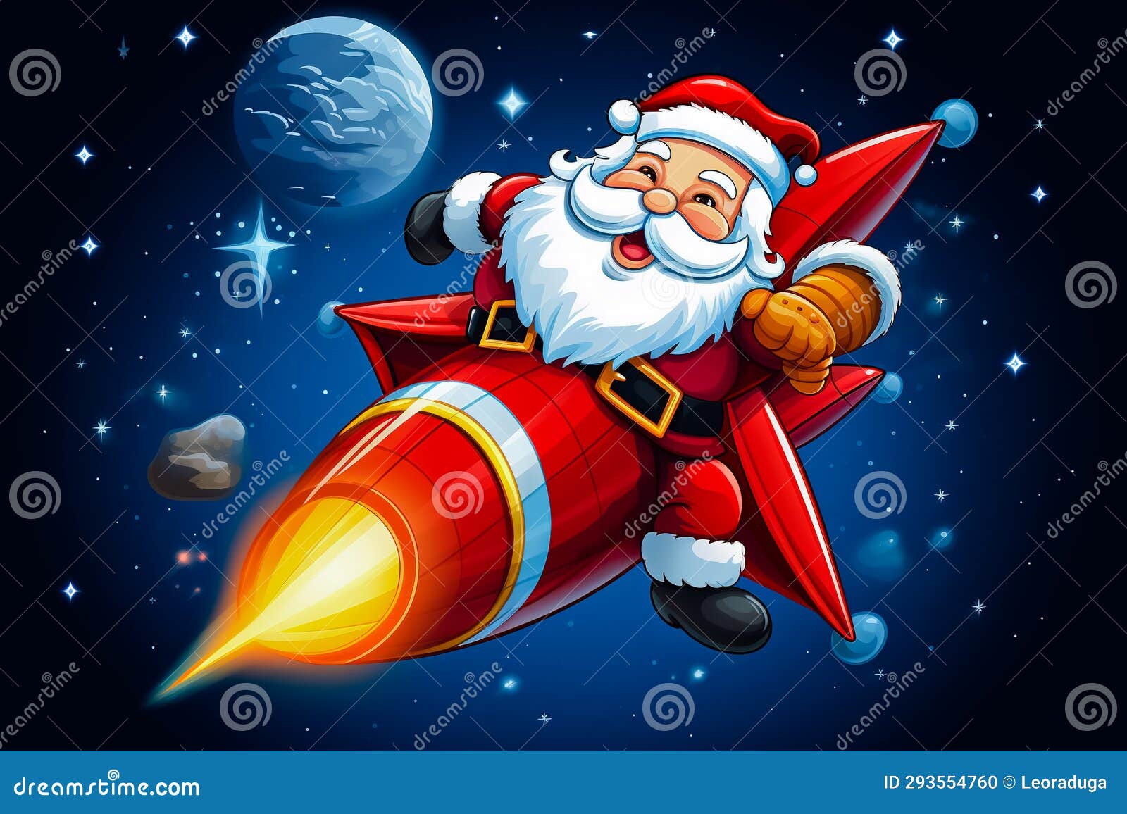 Santa Claus is Flying on Rocket with Rocket Ship in the Background ...