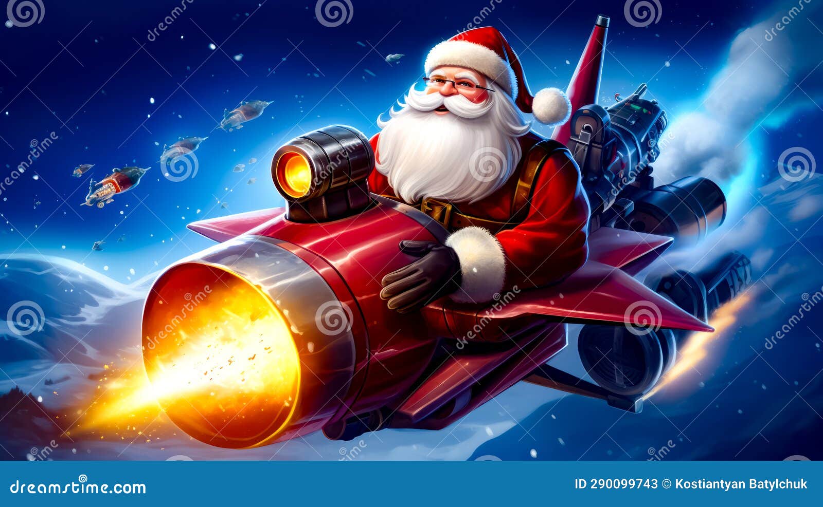 Santa Claus is Flying on Rocket with Rocket Ship in the Background ...