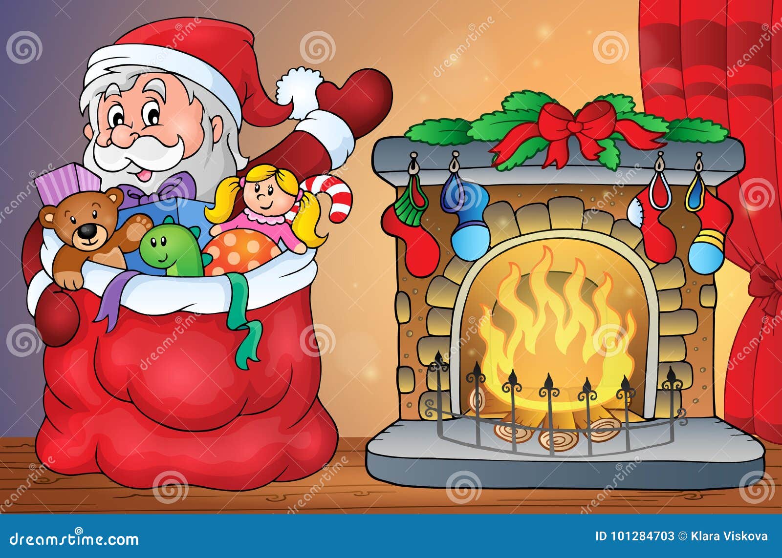 Santa Claus with Gifts by Fireplace Stock Vector - Illustration of ...