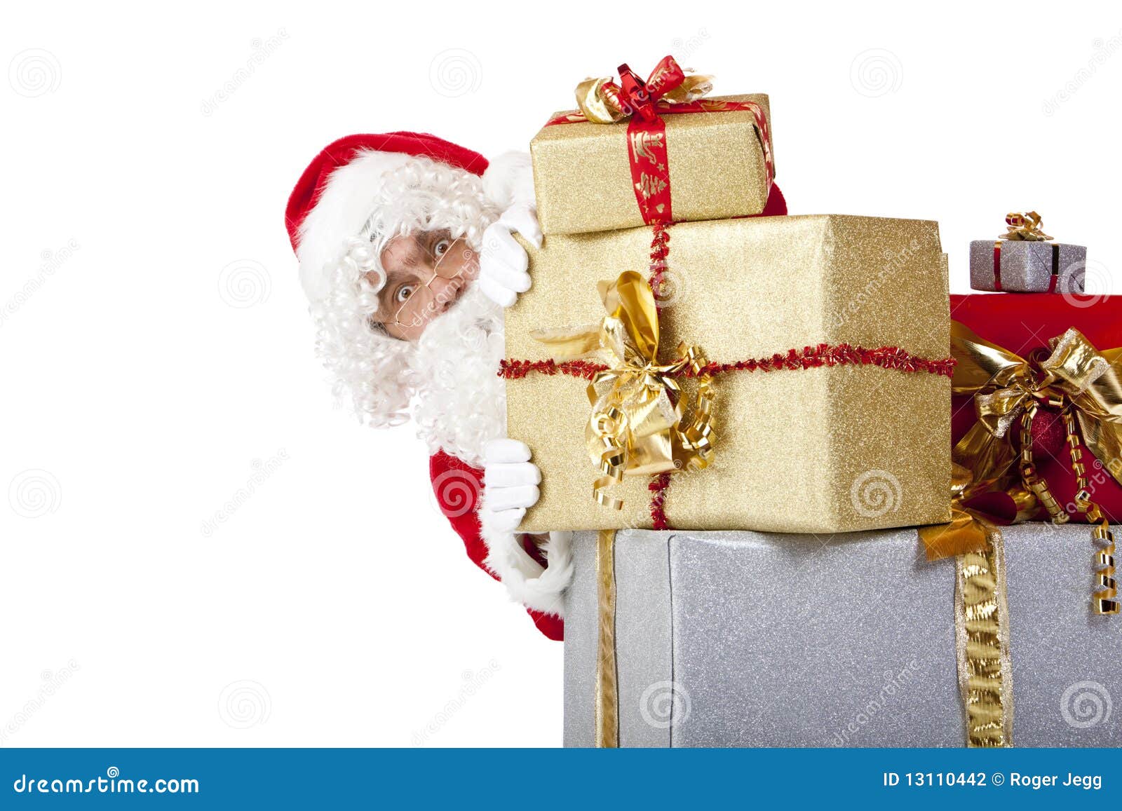 Santa Claus Hiding Behind Christmas Gift Boxes Stock Photo - Image of ...