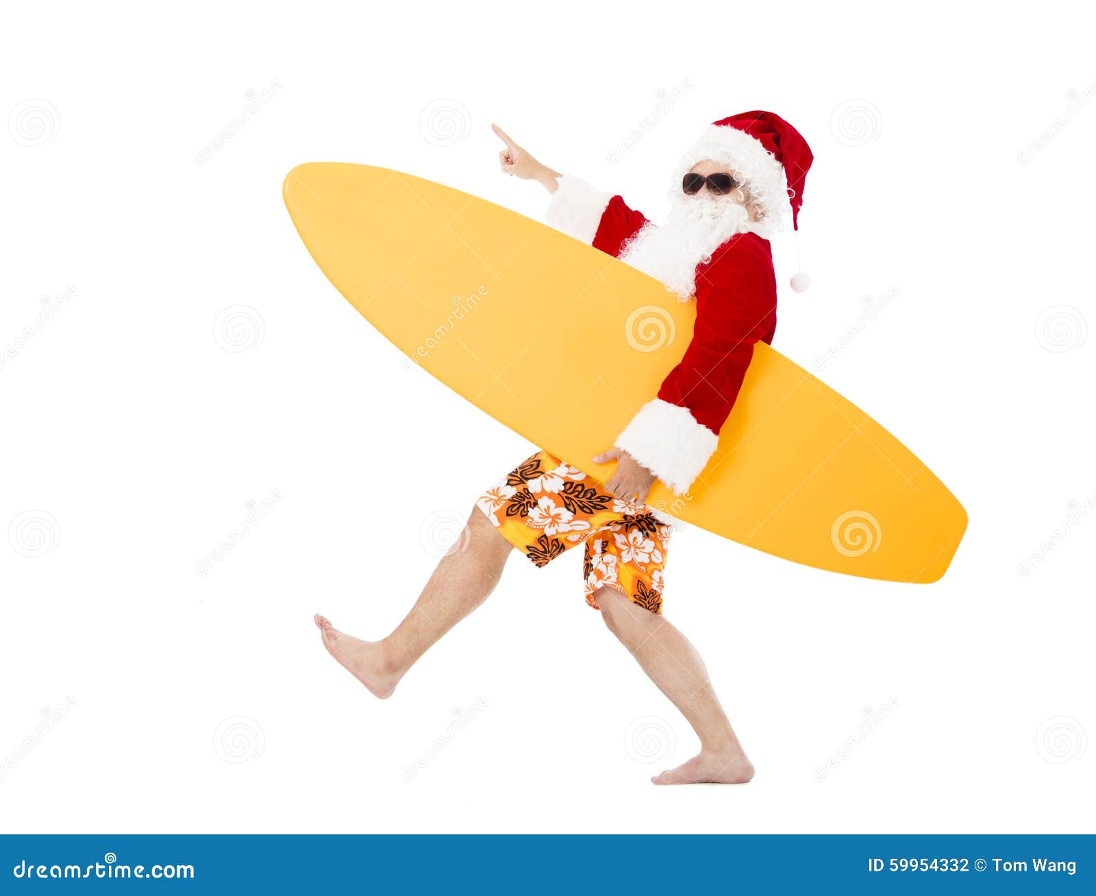 Santa Claus Holding Surf Board with Pointing Gesture Stock Photo ...