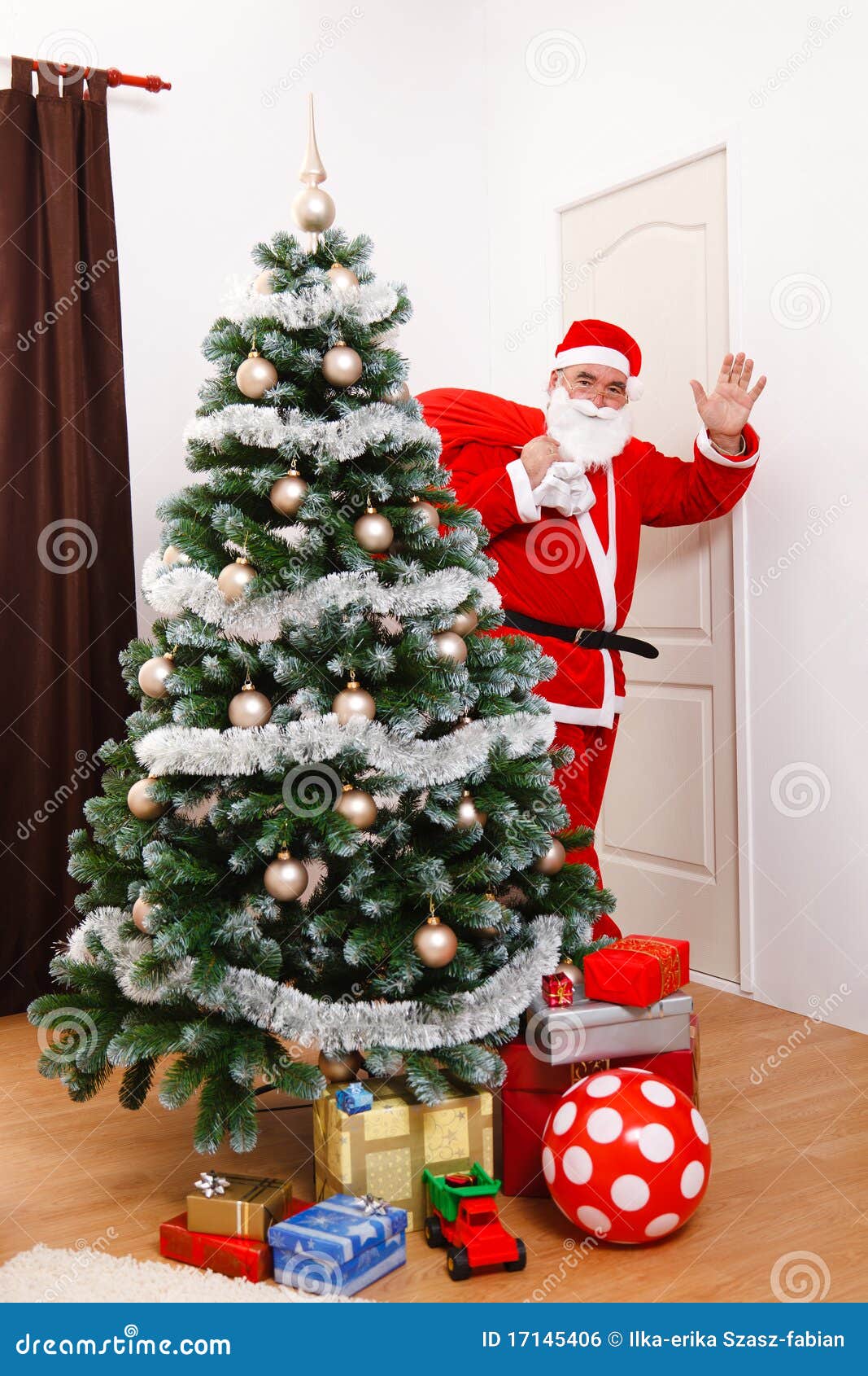 Santa Claus Looking Back and Greeting Stock Photo - Image of living ...