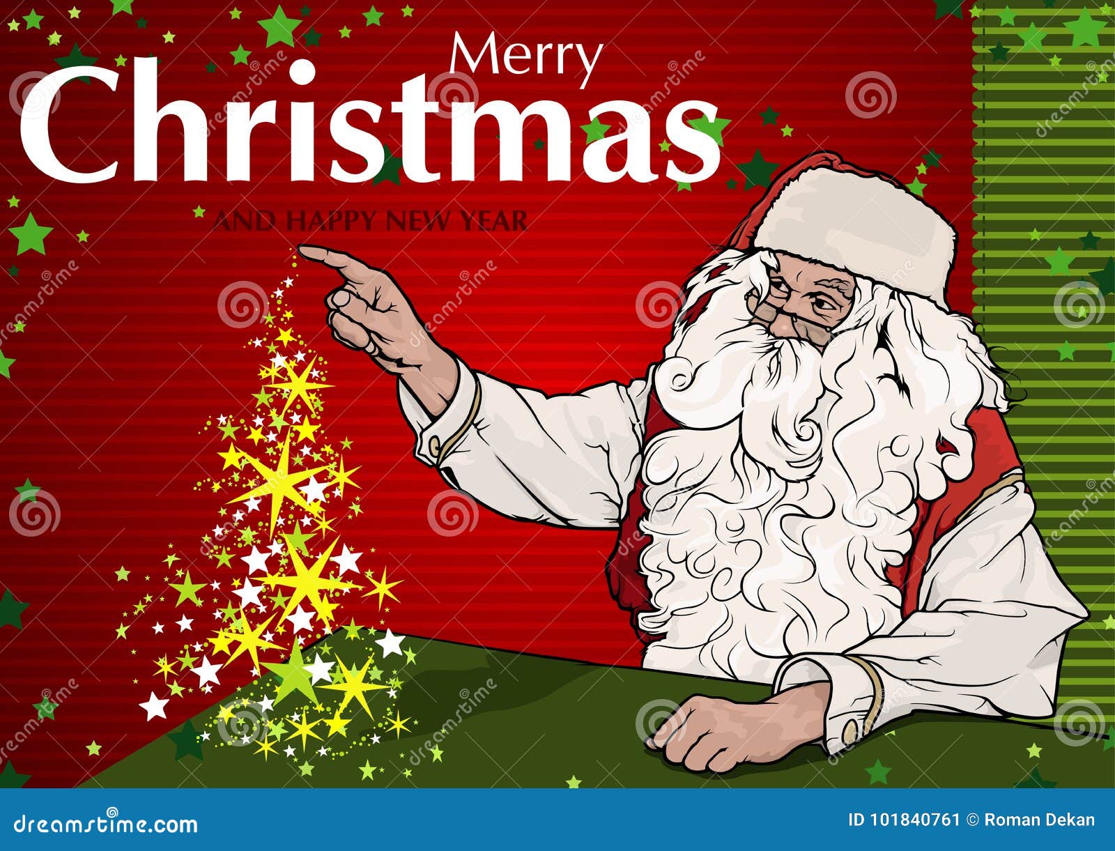 Santa Claus and Magic Christmas Tree Greeting Card Stock Vector ...