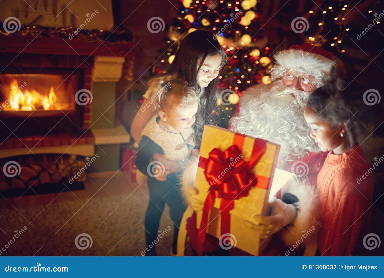 Santa Claus with Magic Presents and Kids Stock Photo - Image of ...