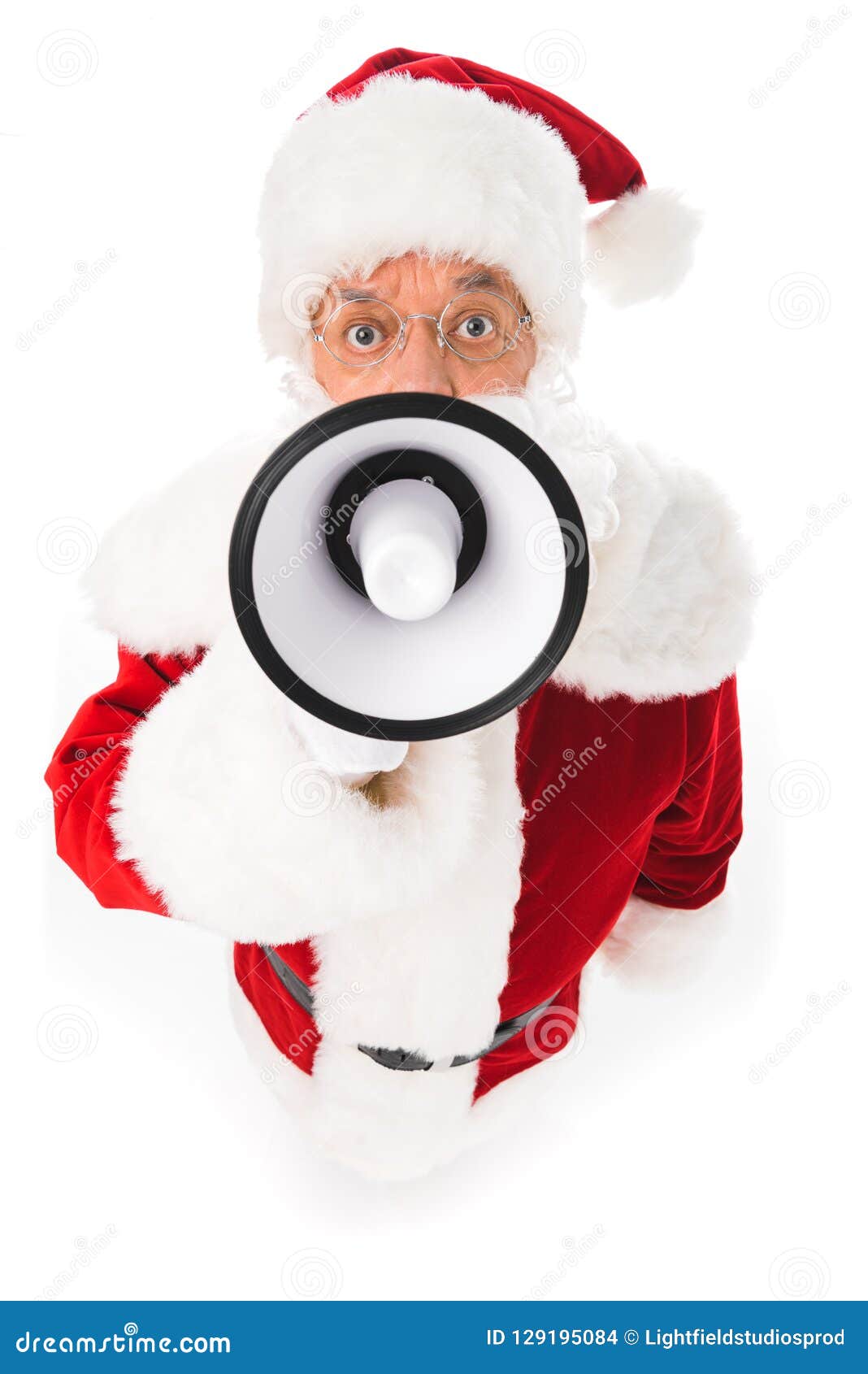High Angle View of Santa Using Megaphone and Looking Stock Photo ...