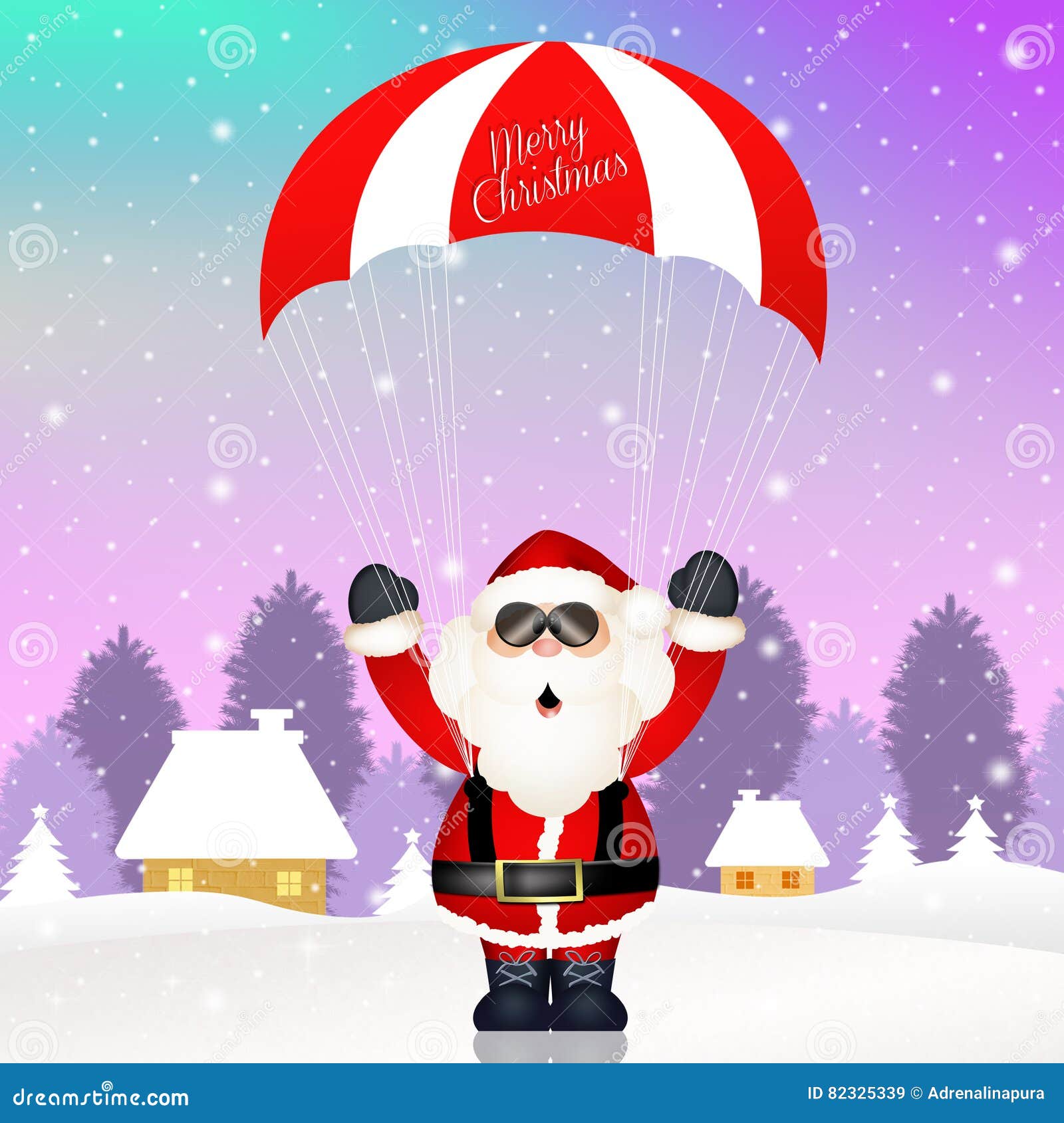 Santa Claus with parachute stock illustration. Illustration of postcard ...