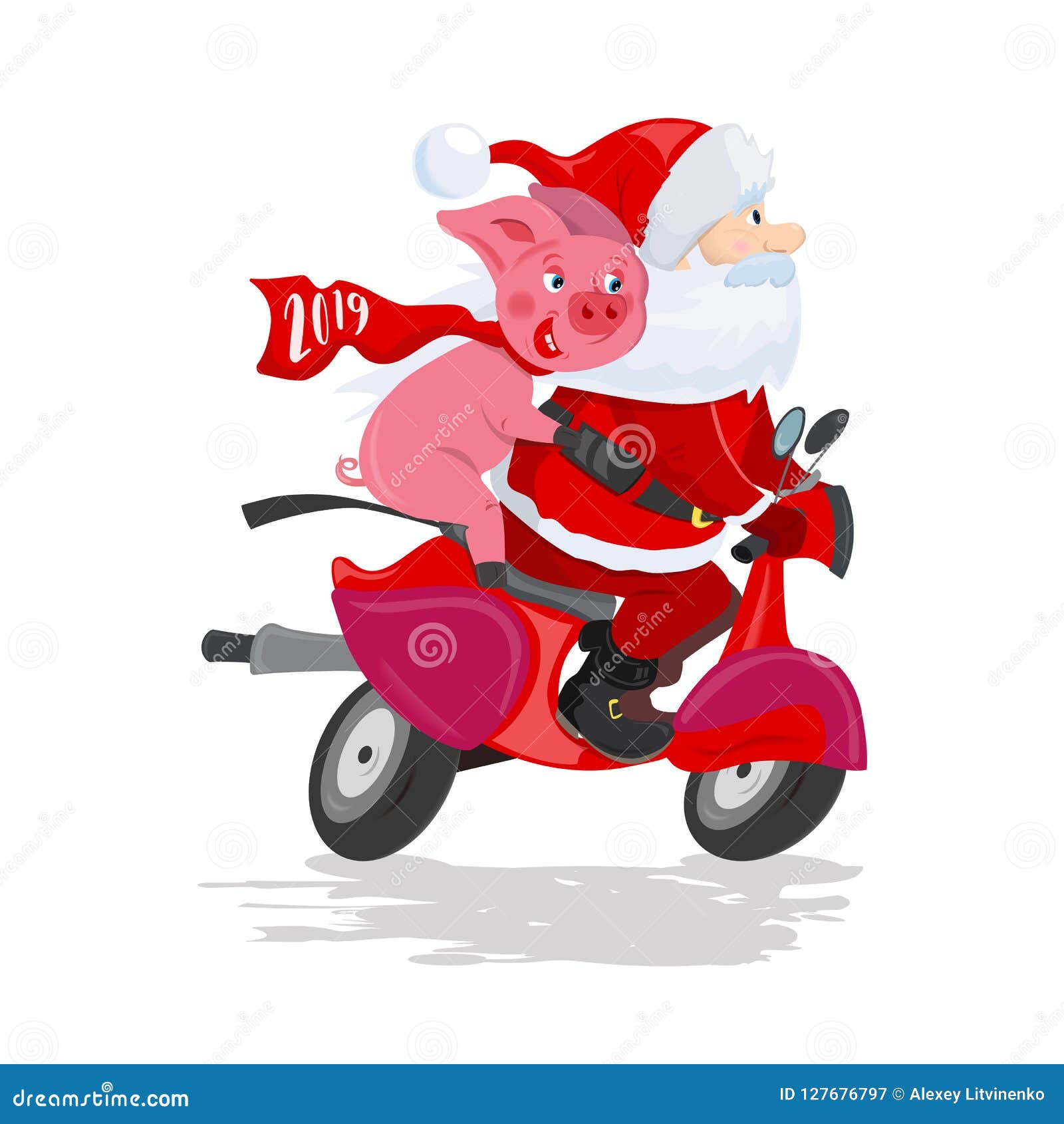 Santa Claus and Pig on a Red Scooter Stock Vector - Illustration of ...