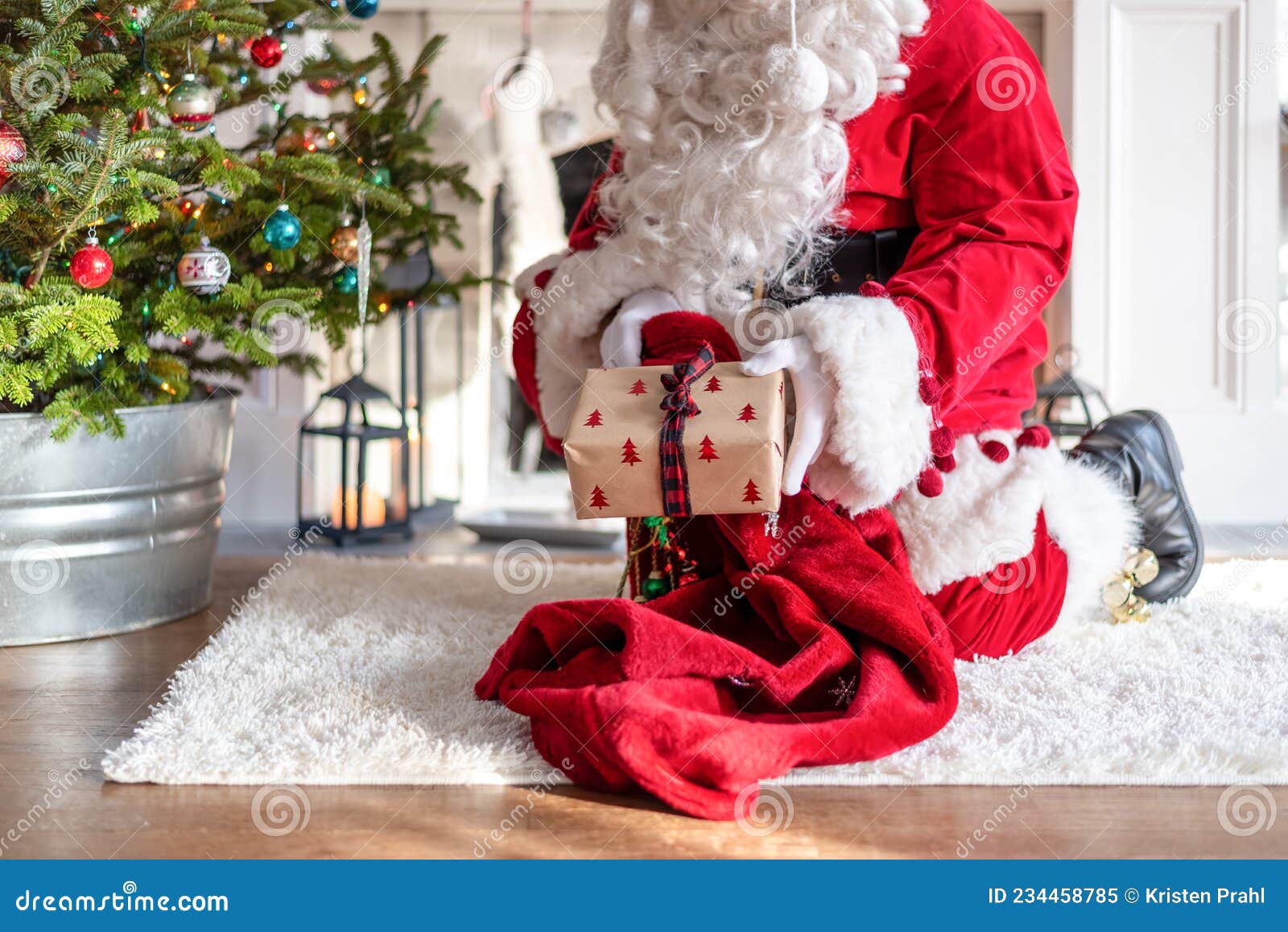 Santa Claus Placing Presents Under the Tree Stock Image - Image of ...