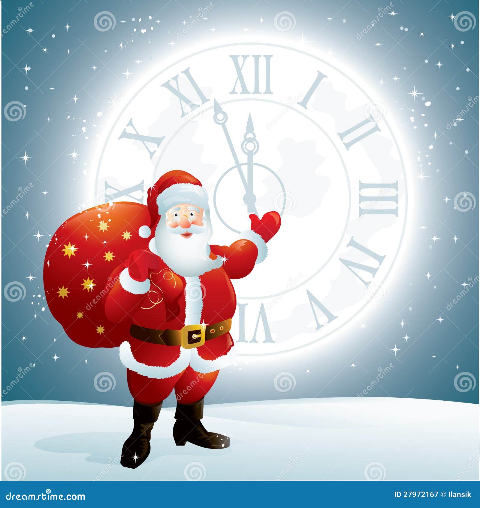Santa Claus Pointing To a Clock Face on the Moon Stock Illustration ...