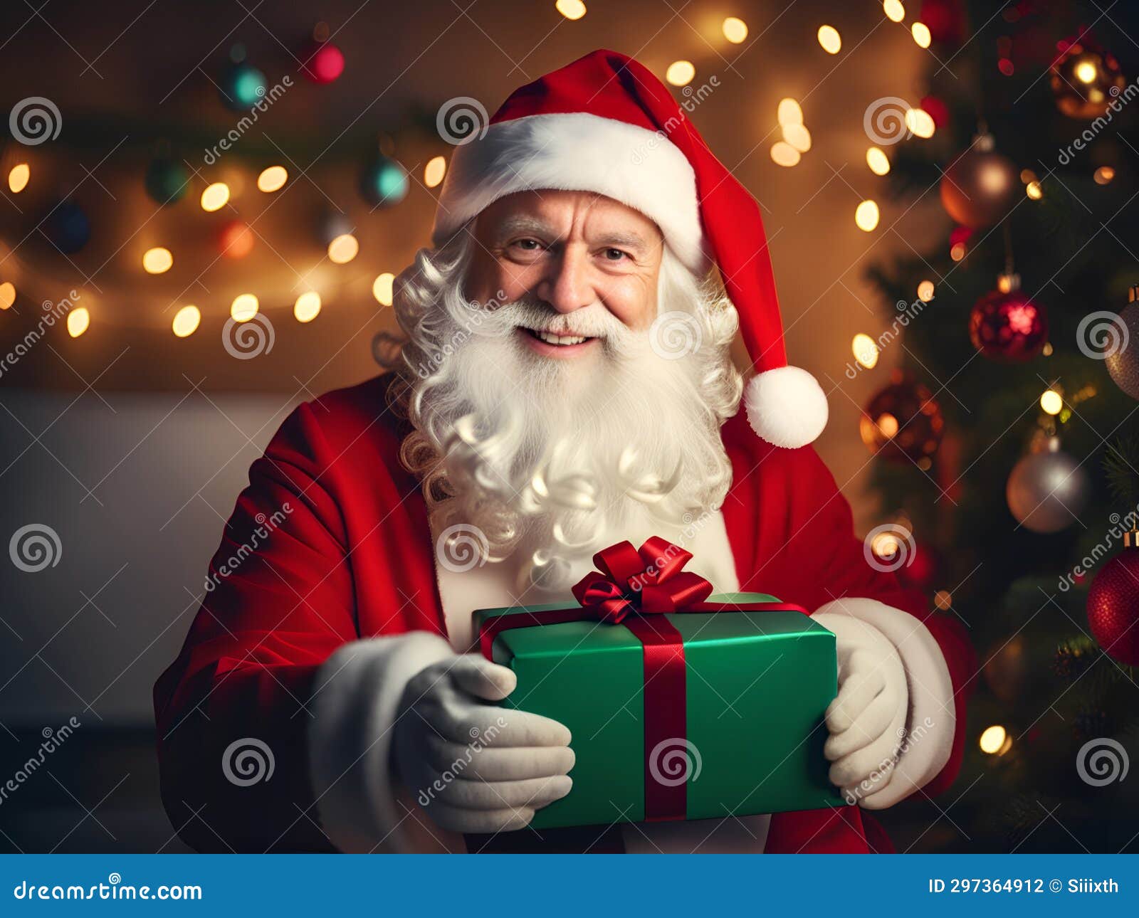 Santa Claus with a Present Gift Box in the Room with Christmas Tree ...