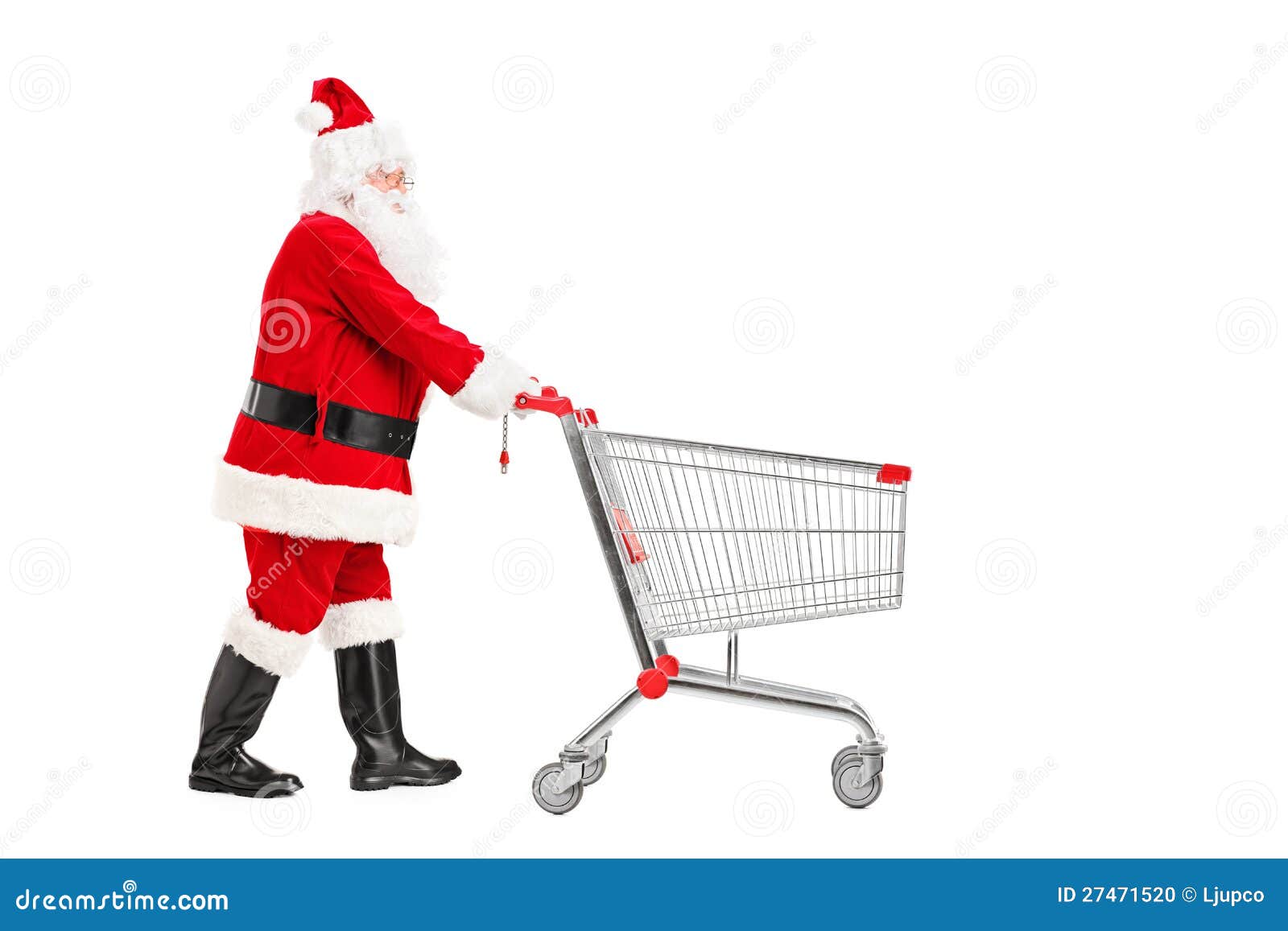 Santa Claus Pushing an Empty Shopping Cart Stock Photo - Image of male ...