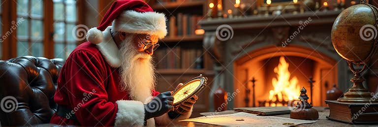 Santa Claus Reading Compass by Fireplace in Cozy Study Room Stock ...