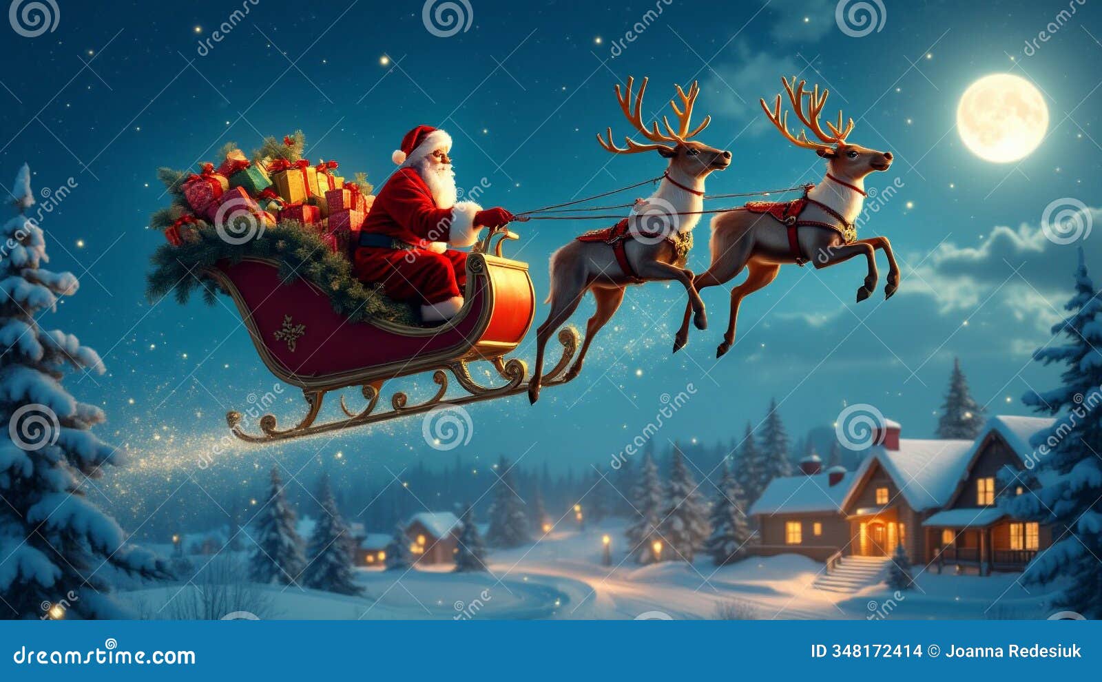Santa Claus Rides in a Sleigh Pulled by Two Reindeer Stock Illustration ...