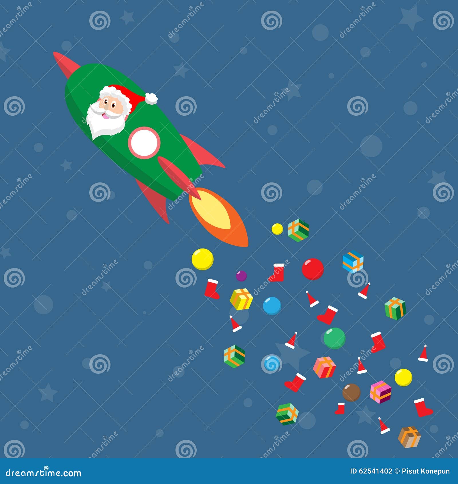 Santa Claus on Rocket Drop Presents Stock Vector - Illustration of blue ...