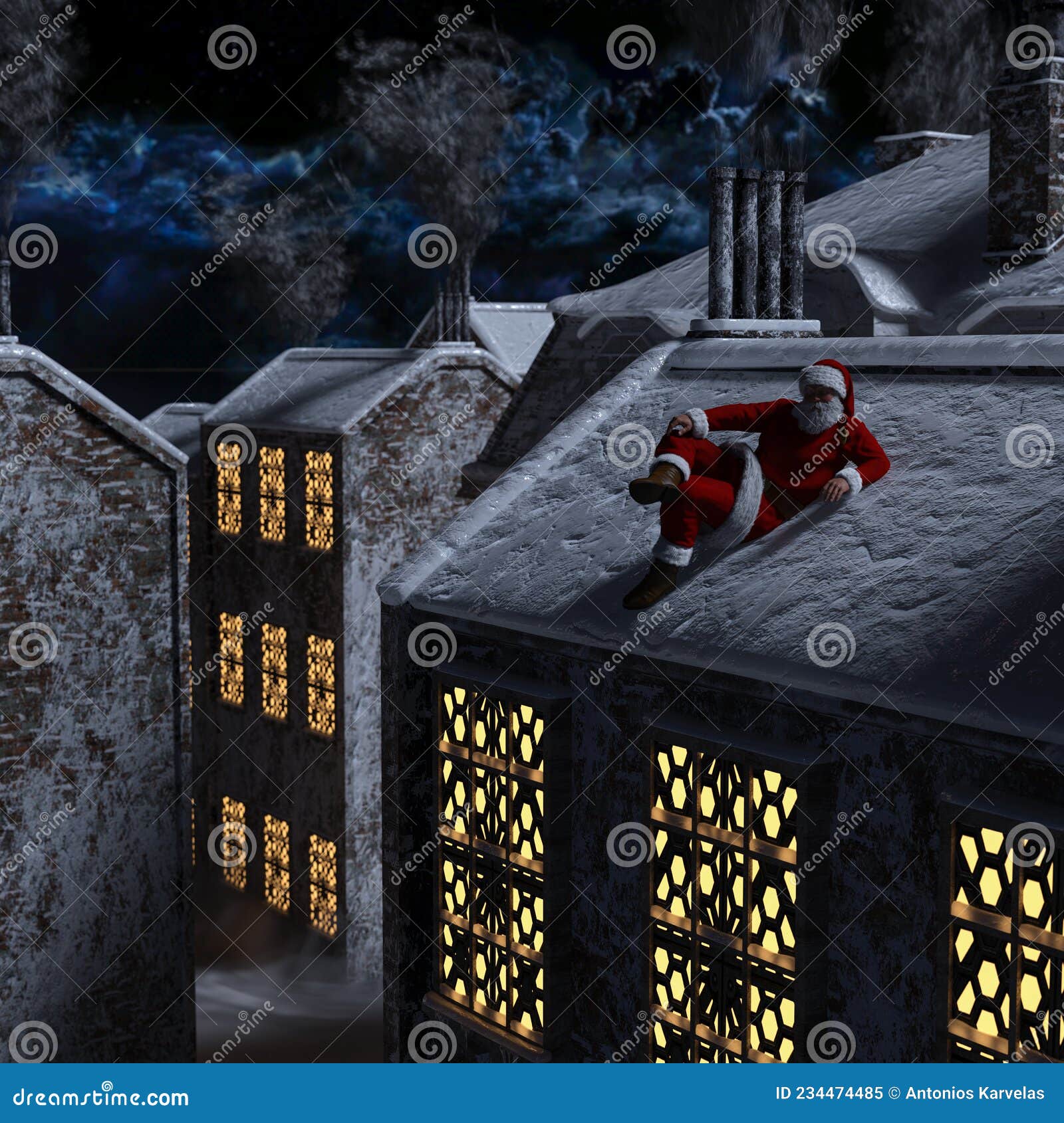 Santa Claus on the Rooftop at the Christmas Night Stock Illustration ...