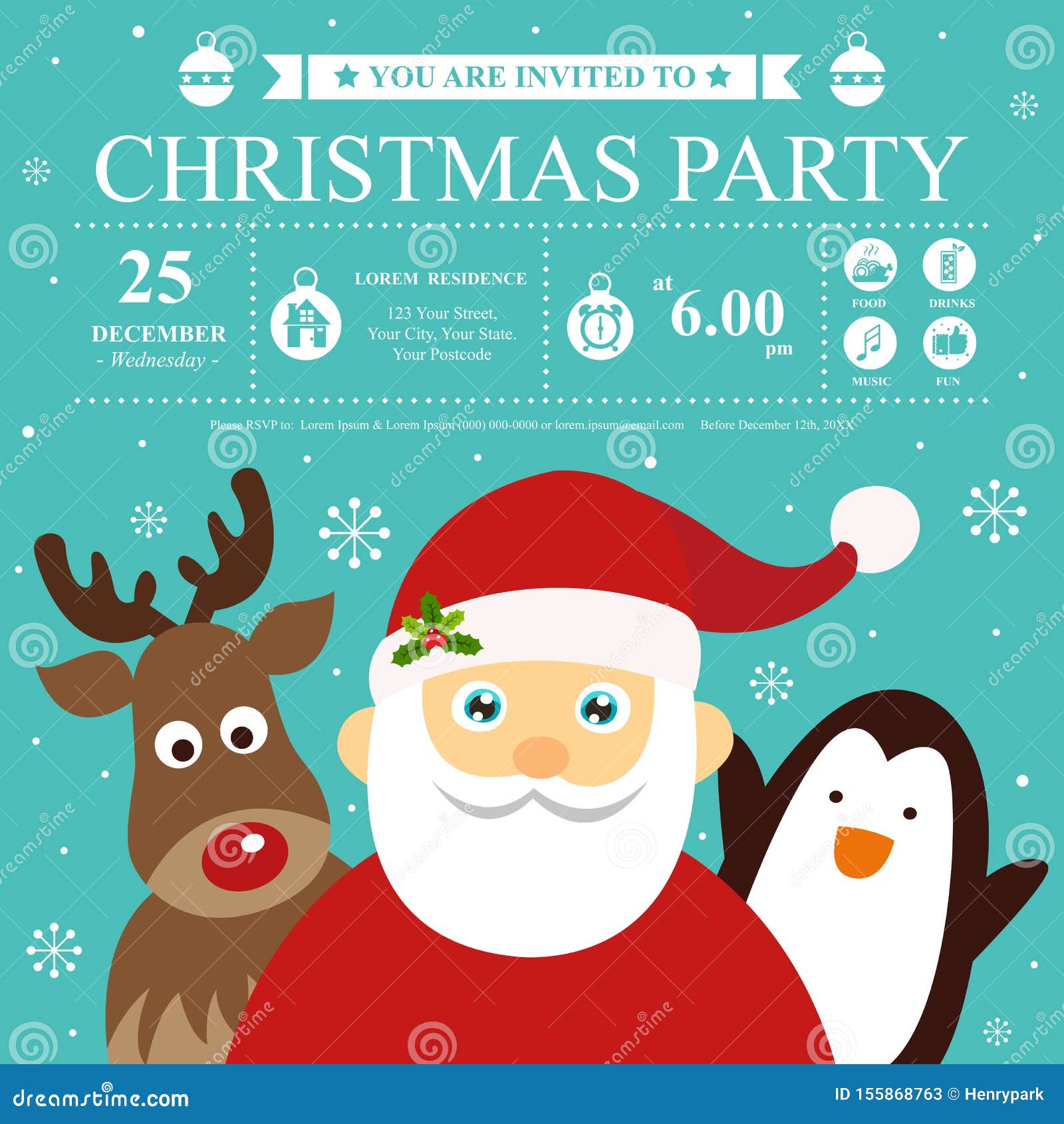 Christmas Invitation Card Template with Santa Claus and Friends. Stock ...