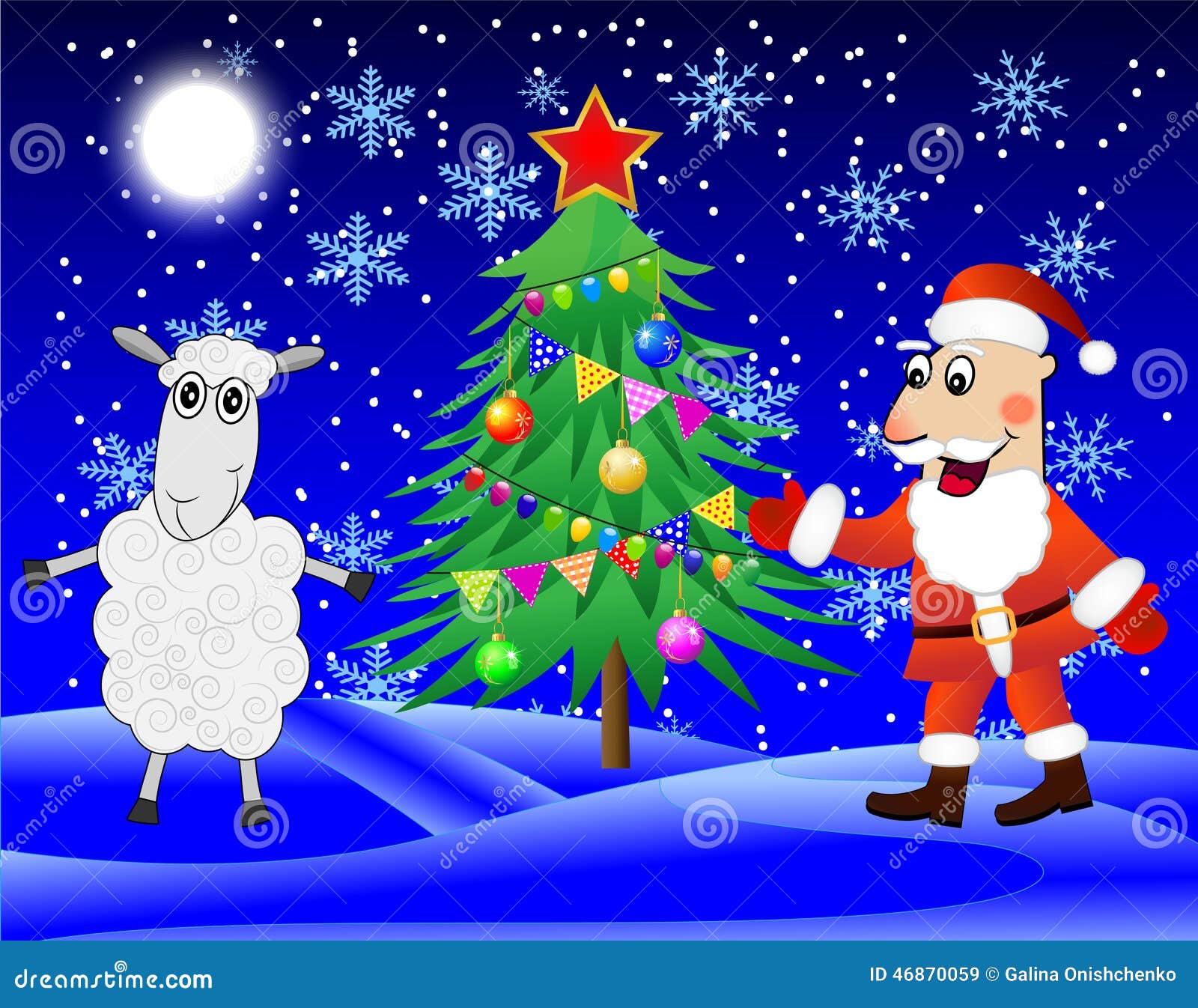 Santa Claus, Sheep and Christmas Tree in the Winter Forest Stock Vector ...