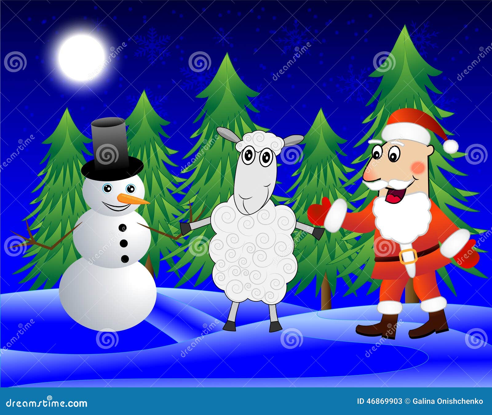 Santa Claus, Sheep and Snow Man in the Winter Forest Stock Vector ...