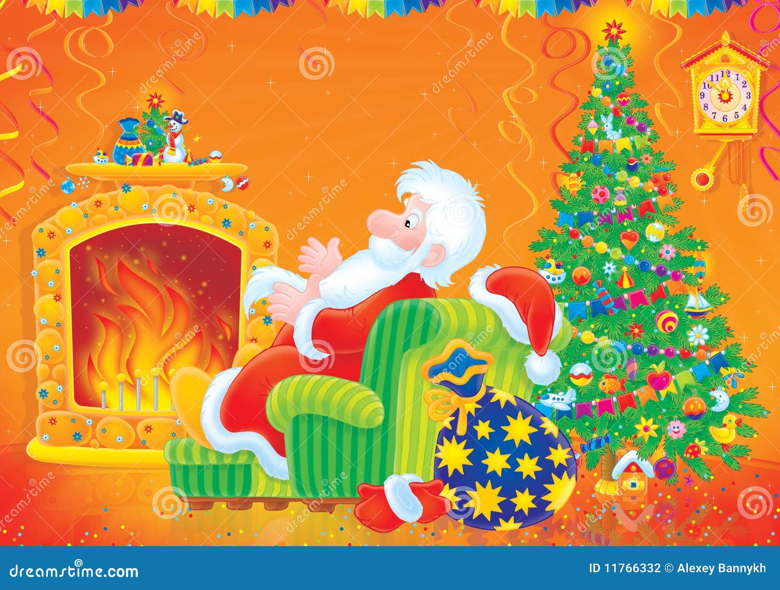 Santa Claus Sits by the Fire Stock Illustration - Illustration of tree ...